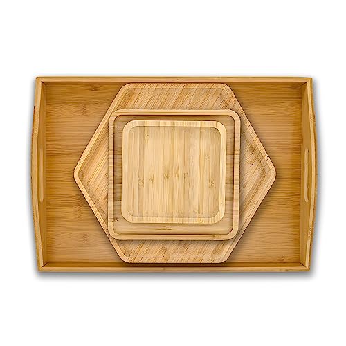 4 Packs Bamboo Serving Tray with Handles, Portable Bed Tray for Breakfast Dinner, Eating Trays for Living Room,Restaurants