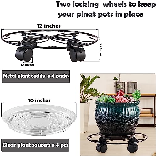 4 Packs Metal Plant Caddy with Wheels 12β Heavy-Duty Wrought Iron Rolling Plant Stands with Casters Indoor and Outdoor Plant Pot Roller Base Plant Movers Saucers with Wheels, Glossy Black