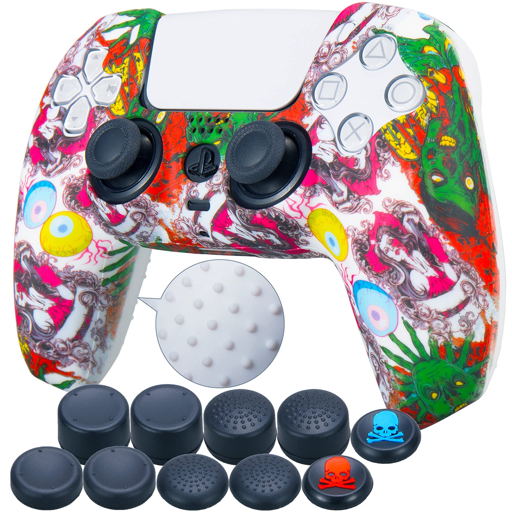9CDeer 1 Piece of Silicone Transfer Print Protective Cover Skin + 10 Thumb Grips for PlayStation 5 / PS5 Controller Zombie