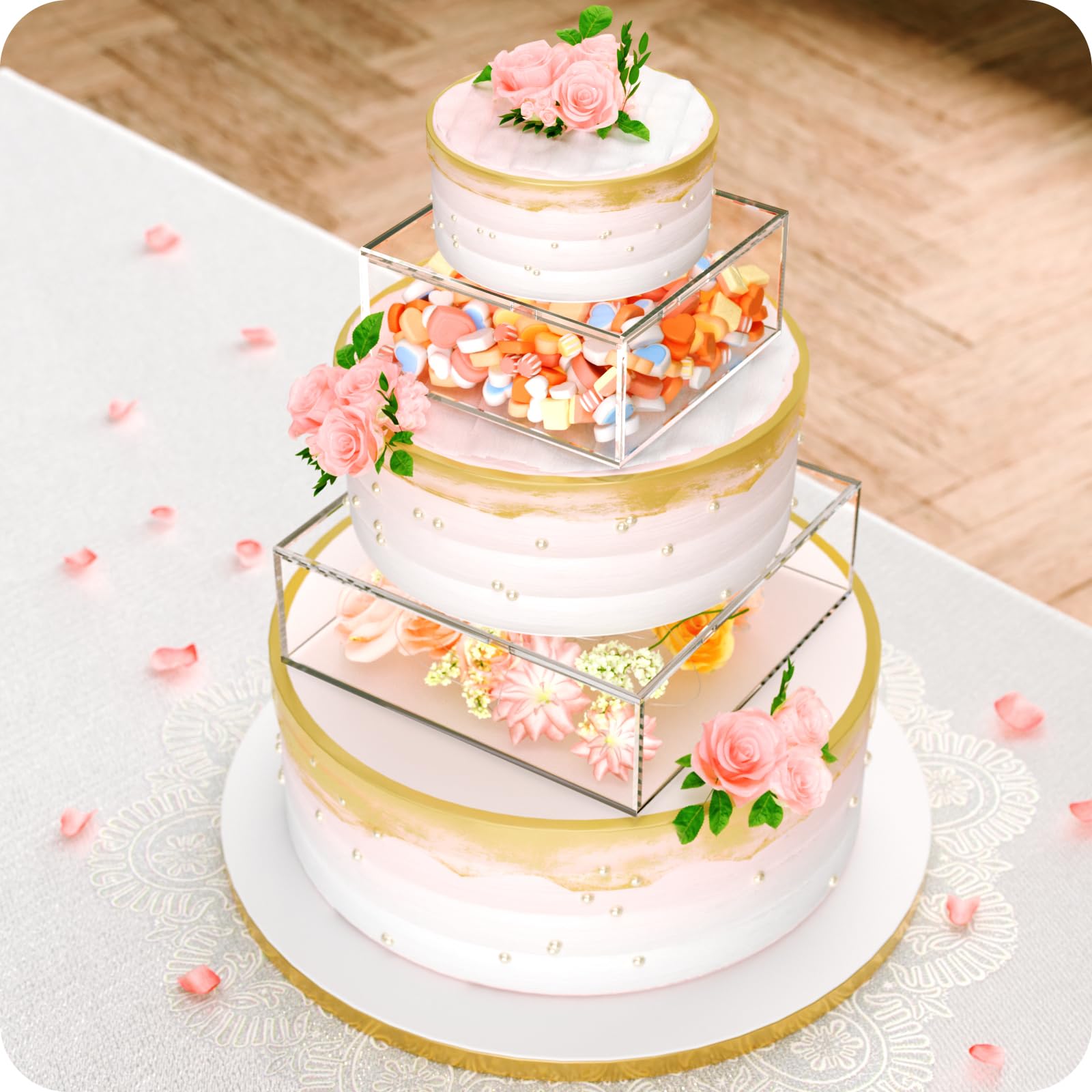 2PCS Clear Acrylic Cake Stand, Fillable Cake Box Riser Cake Tier, Square Cake Display Box with Lid, Decorative Centerpiece Box for Wedding Birthday Party (2pcs, 10" Dx4β H; 6" Dx4β H, 2M LED Lights)
