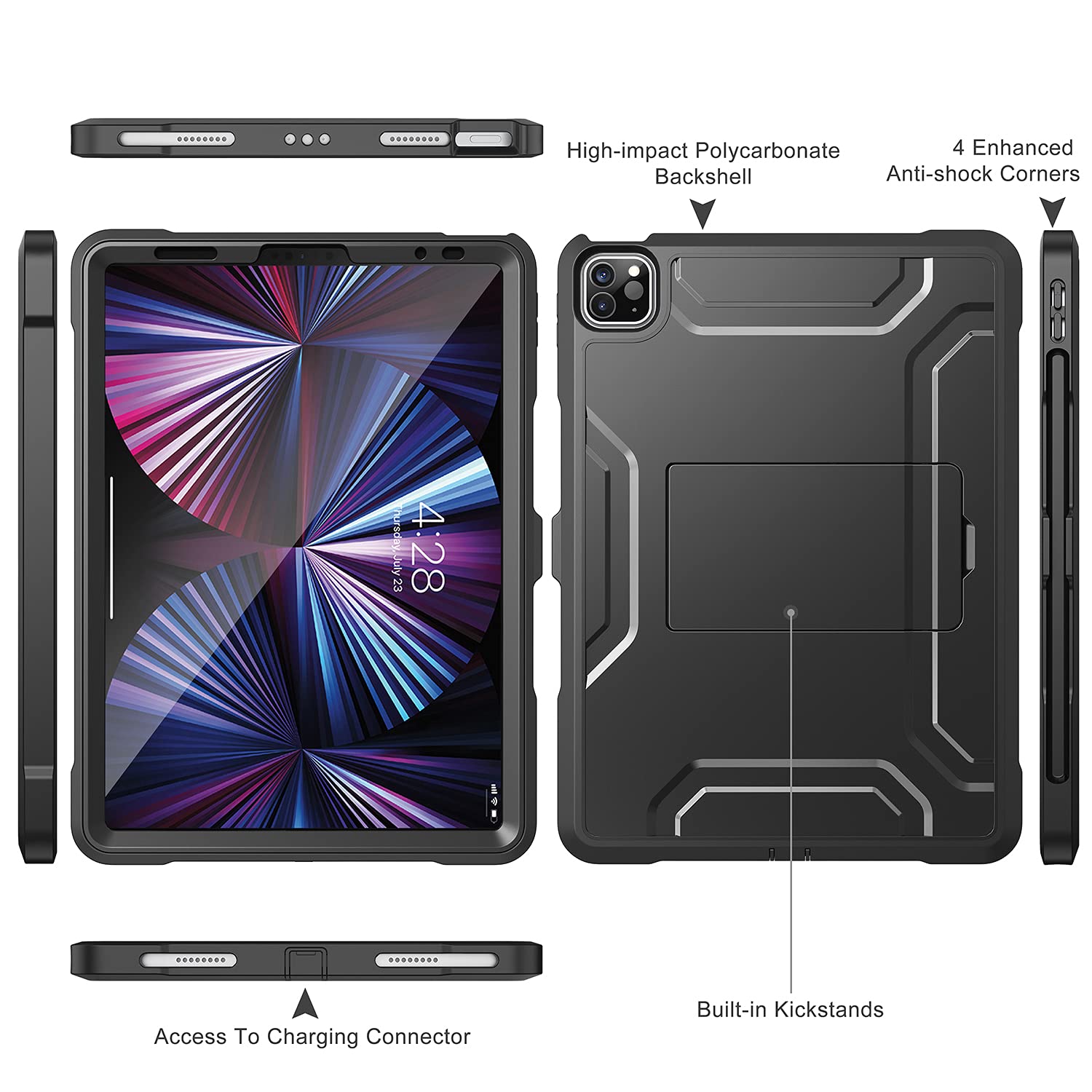 Soke Case for iPad Pro 11 Inch 2022/2021/2020/2018/iPad Air 5th/4th Generation,Built-in Screen Protector - Support 2nd Apple Pencil Charging - Heavy Duty Rugged Protective Kickstand Case - Black