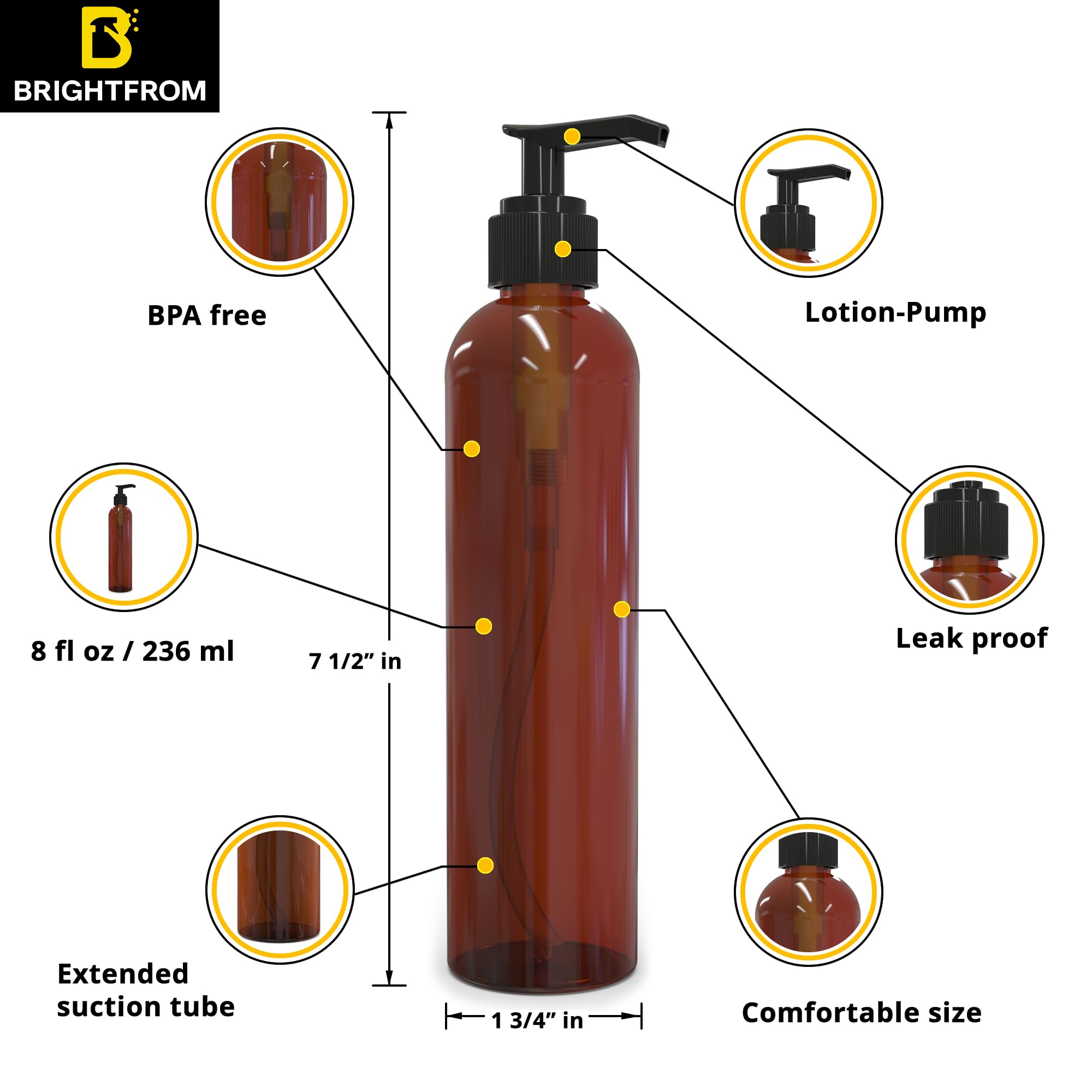 BRIGHTFROM Lotion Pump Bottles, Empty 8 OZ, BPA-Free Refillable Plastic Containers, Amber with Black Dispenser for - Soap, Shampoo, Lotions, Liquid Body Soap, Creams and Massage Oil (2 Pack)