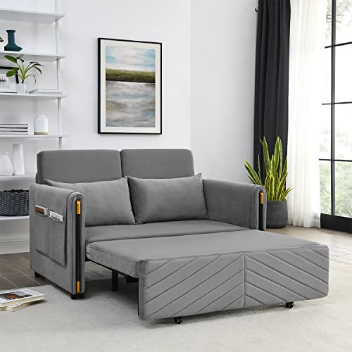 JEEOHEY Pull Out Couch Bed w/Headboard, 54" Modern Velvet Convertible Sleeper Sofa Bed, Small Love seat Sofa Bed with 2 Pillows & Detachable Side Pockets for Small Space, Living Room, Apartment, Grey