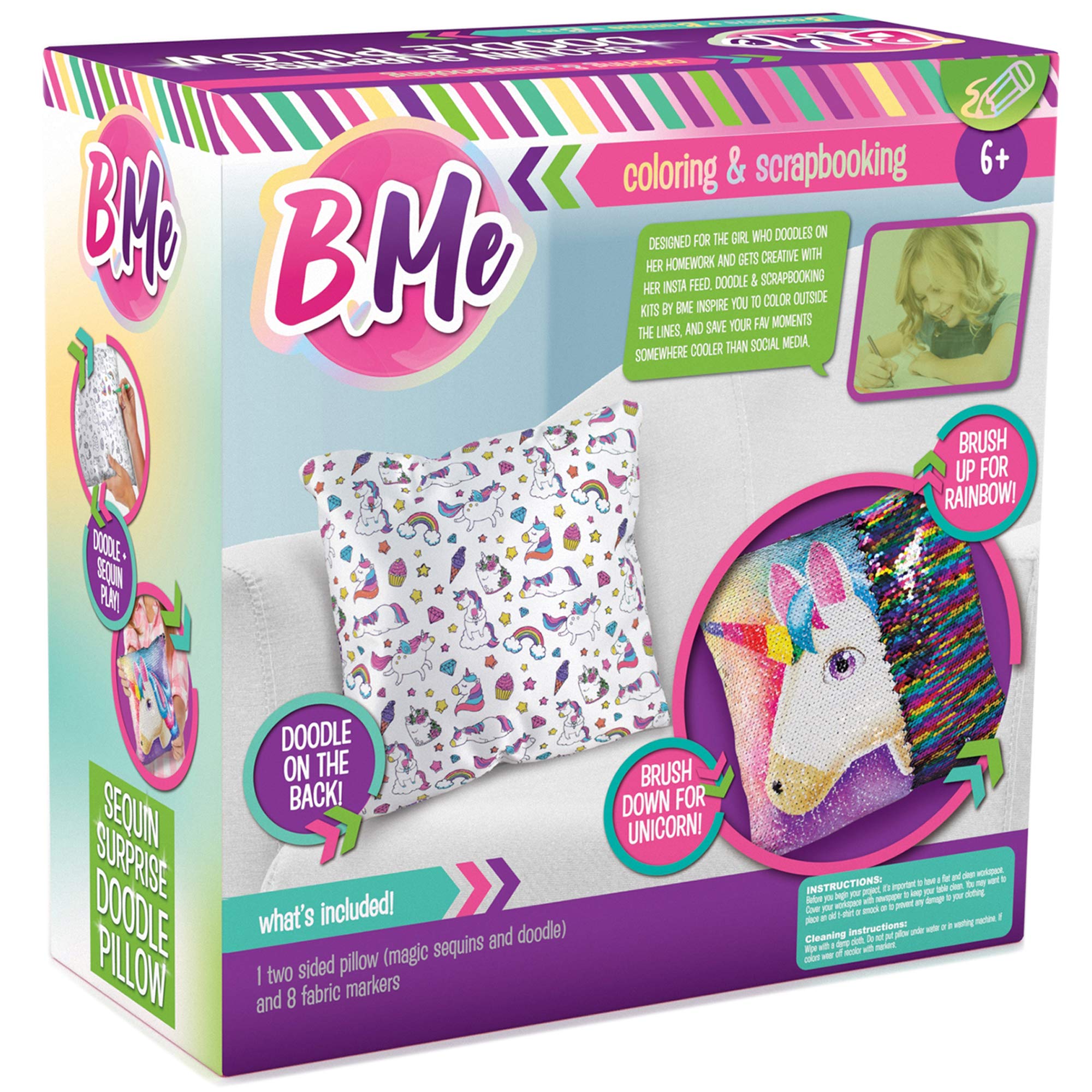 B Me Sequin Unicorn Pillow for Girls - Reversible Double Sided Rainbow Doodle Sequined Pillows - Bedroom Decor Art - Creative Magic Glitter Pillow with 8 Markers