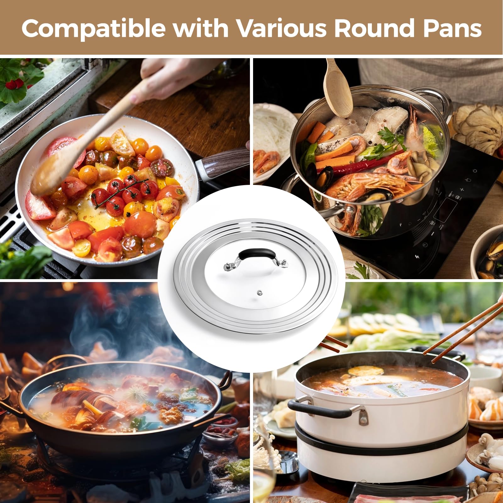 8.25-12.6" Inches Universal Lid for Pans Pots, Universal Pan Lid with Clear Window, Large Stainless Steel Pan Lid Cover for Cast Iron Skillets Frying Pans Woks