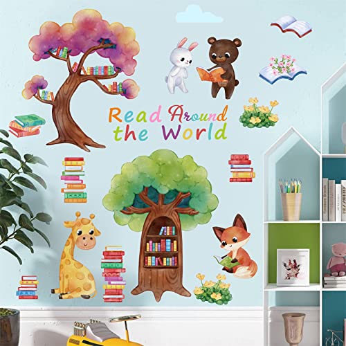 Colorful Inspirational Wall Decals,Reading Animals Wall Stickers Nursery Decor,Cartoon Tree Animal Wall Stickers Peel and Stick,Reading Wall Decal Baby Classroom Kids Room Bedroom Reading Corner Decor