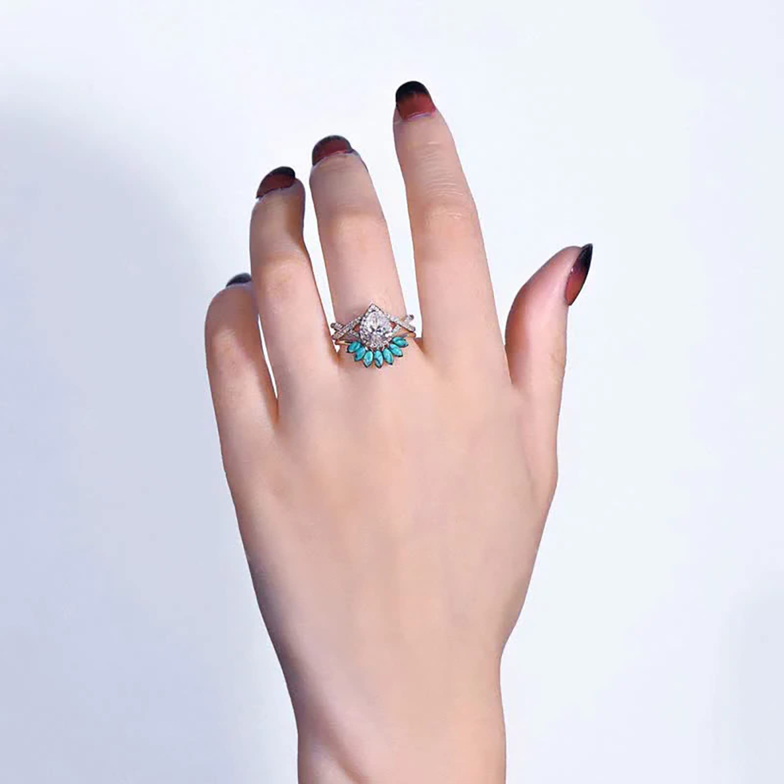2PC Women Shining White Crystal Water Drop Shape Ring,Turquoise Ring Promise Rings Engagement Wedding Band Ring Sets