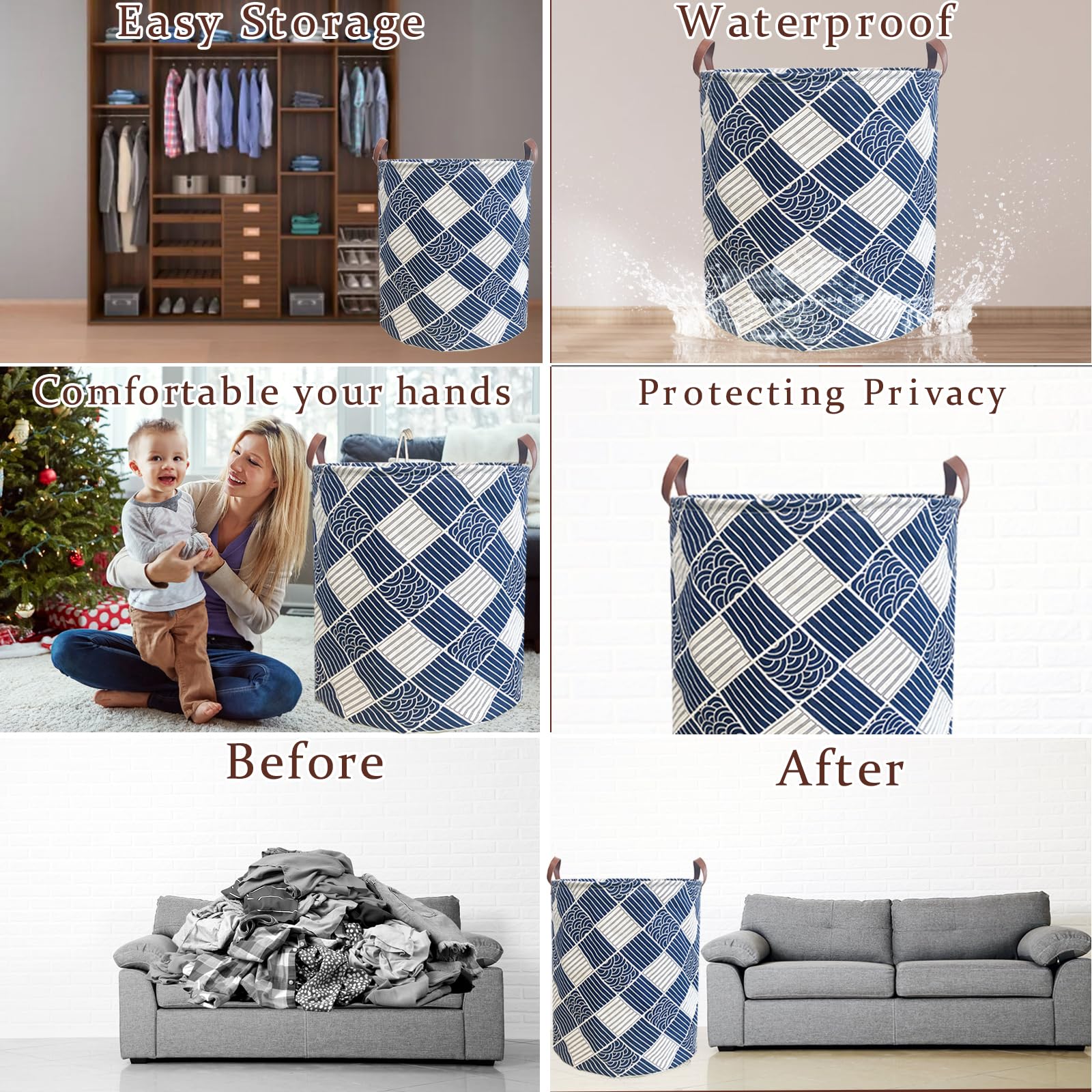 80L Large Laundry Hamper in Family,Waterproof Laundry Basket in Dorm,Leather Handle Laundry Bag in Nursery,Collapsible Clothes Storage Toy Organization for Bathroom Bedroom Laundryroom
