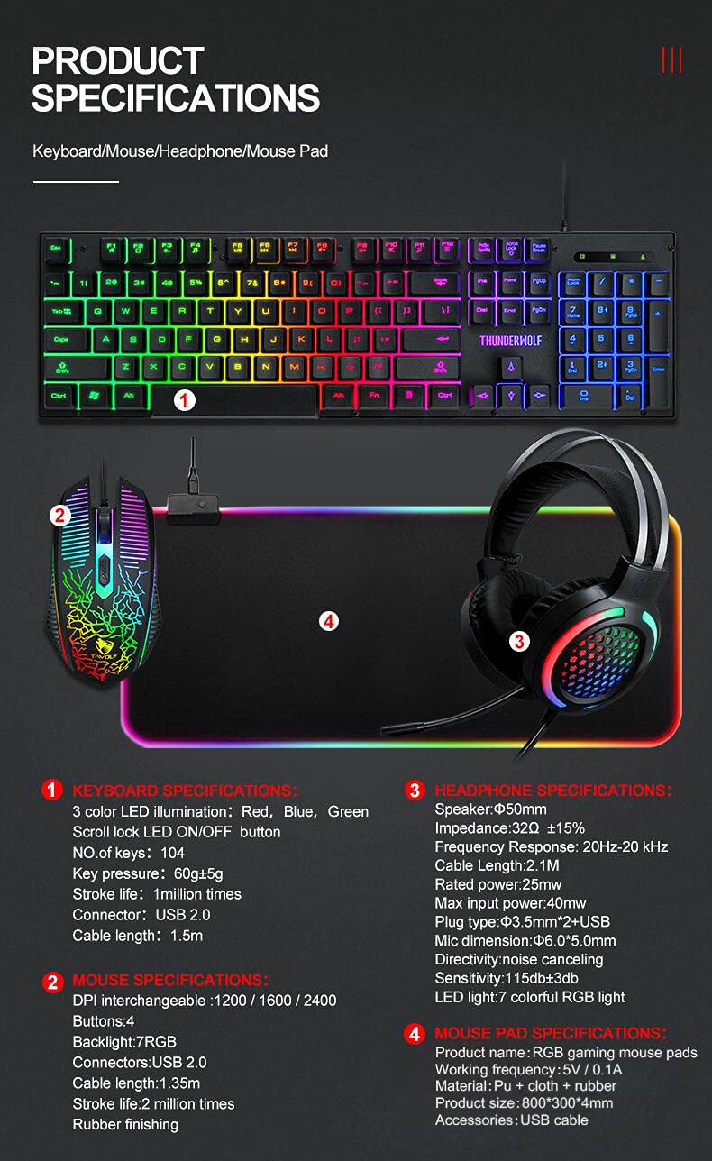 2021 Mouse Pad XL RGB LED & Gaming Keyboard Headset, Wired Backlight Bundle for PC Gamers Laptop Xbox PS (Red Blue Yellow Green, Innovation 4 in 1) (TF-400)