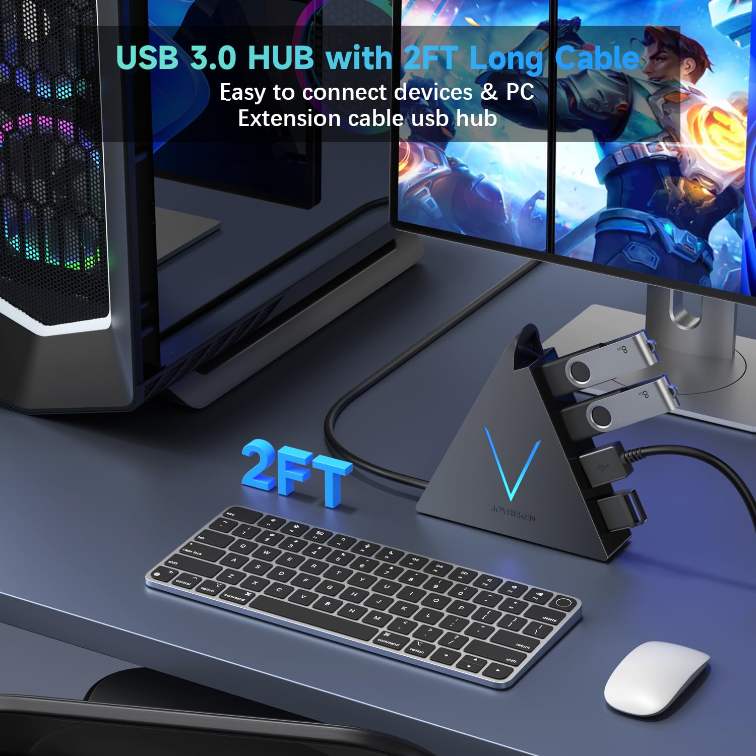 JoyReken 4-Port USB 3.0 Hub, FlyingVHUB USB Hub Tower with 2 ft Extended Cable,USB Splitter for Laptop,PC,PS4,PS5,Xbox,Mouse,Keyboard, Flash Drive, U-Disk (Black)