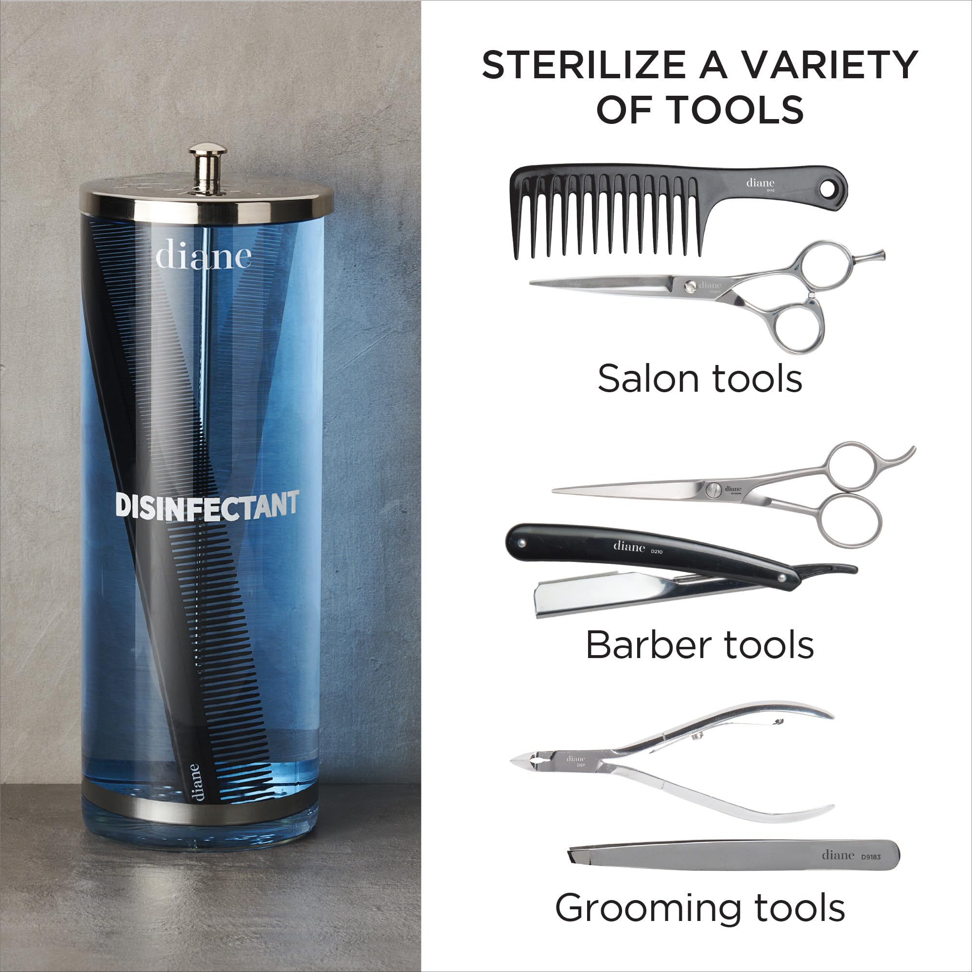Diane Glass Disinfectant Jar for Sterilizing Hair Salon Shears, Combs, Barber Cleaning Supplies, Clippers, and Nail Tools – Large - 10” Tall x 3.4” Wide – 33 Fl Oz Capacity