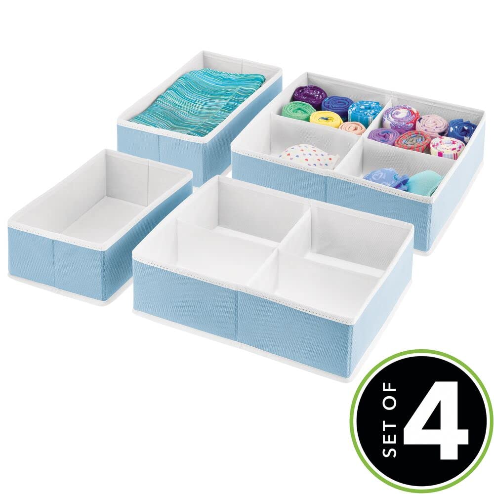 mDesign Soft Fabric Polka Dot Dresser Drawer and Closet Storage Organizer Bin for Child/Kids Room, Nursery, Playroom - Divided 5 Section Tray, Set of 4 - Light Blue/White