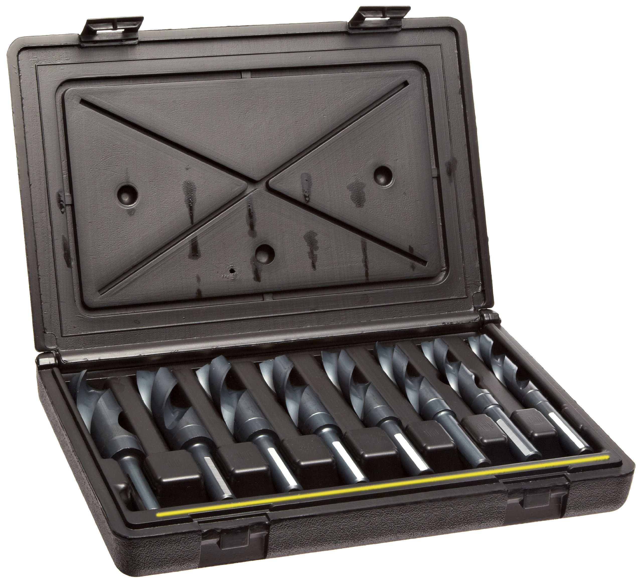 Chicago Latrobe 190F Series High-Speed Steel Reduced-Shank Drill Bit Set With Plastic Case, Black Oxide Finish, Flatted Shank, 118 Degree Split Point, Inch, 8-piece, 9/16" - 1" in 1/16" increments