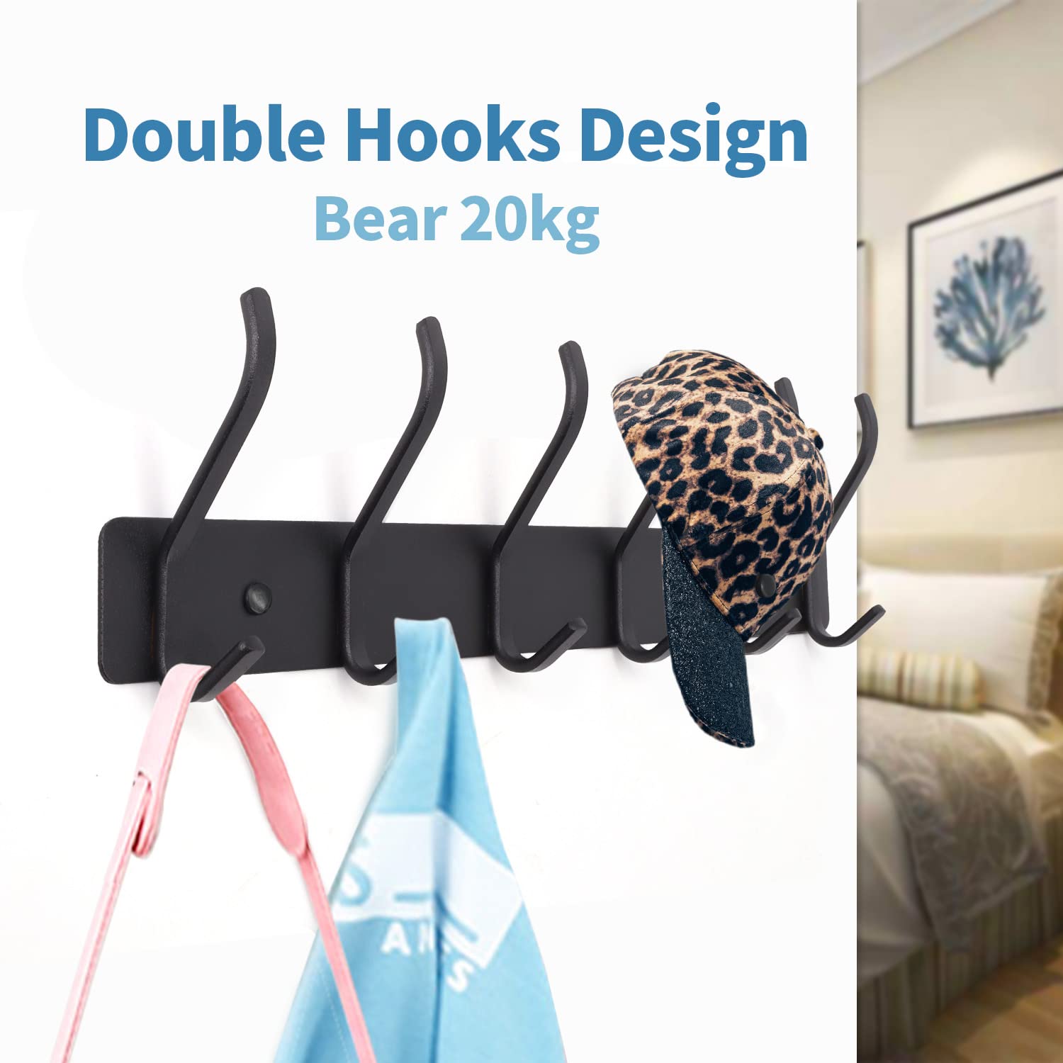 AJLTPA Coat Rack Wall Mount, Wall Coat Rack with 6 Hooks, Heavy Duty Metal Coat Hook Rail, Wall Hook Rack for Hanging Clothes, Jacket, Hat, Bedroom, Bathroom, Kitchen, Matt Black