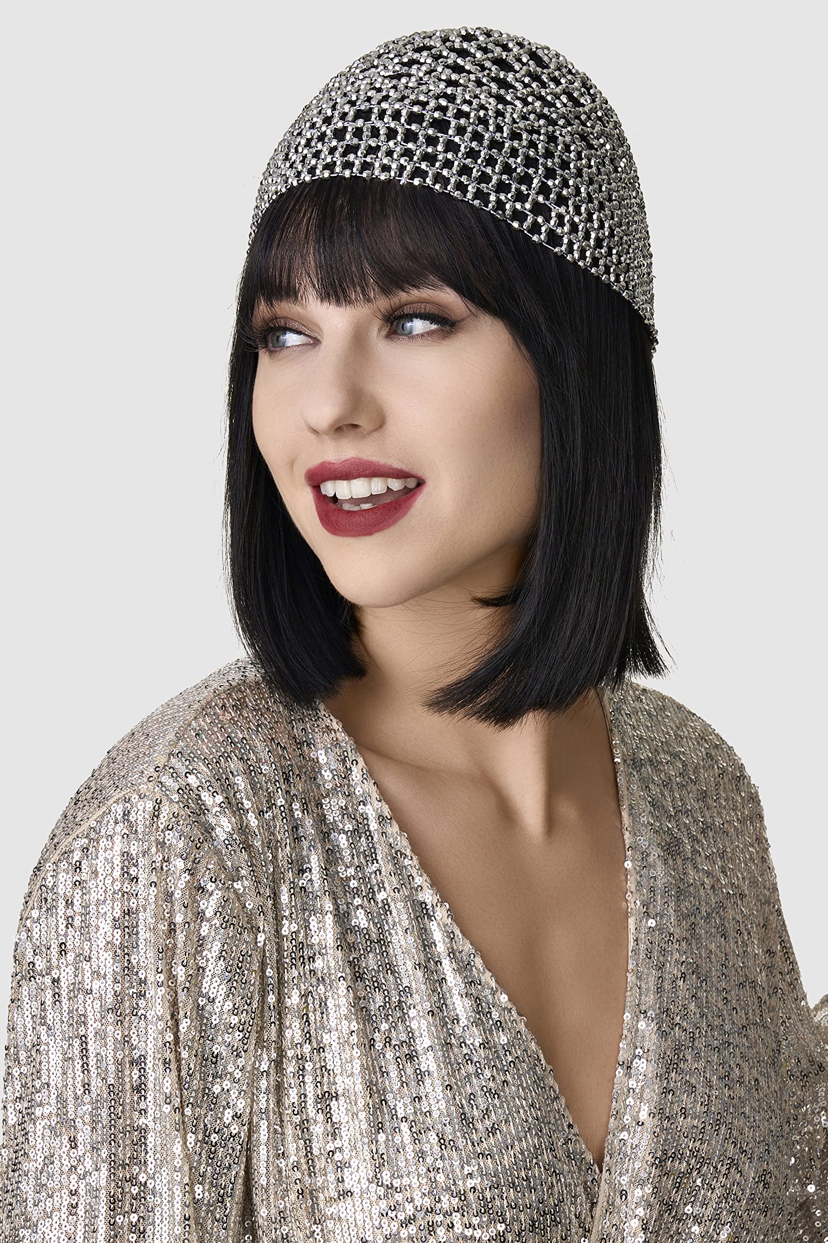 BABEYOND 1920s Beaded Cap Headpiece Belly Dance Cap Exotic Cleopatra Headpiece for Gatsby Themed Party (Silver)