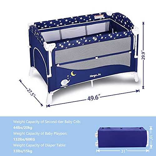 Heyo.Ja Double Layer Baby Playard, 5 Height Adjustable Crib,Changing Diaper Rack,Foldable Bassinet Bed with Luxury Mosquito Net,Starry Sky Fence,Two Toys Bag,Wheels & Brake, Carry Bag (Navy)