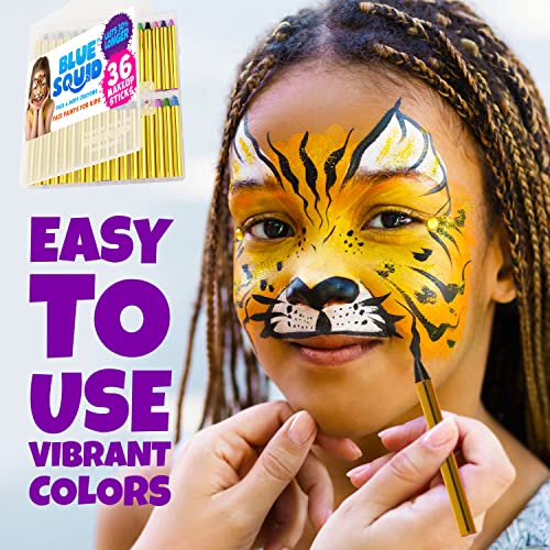 Face Paint Crayons for Kids, Blue Squid 36 Jumbo 3.25" Face & Body Painting Makeup Crayons, Safe for Sensitive Skin, 8 Metallic & 28 Classic Colors, Great for Birthdays & Halloween Makeup