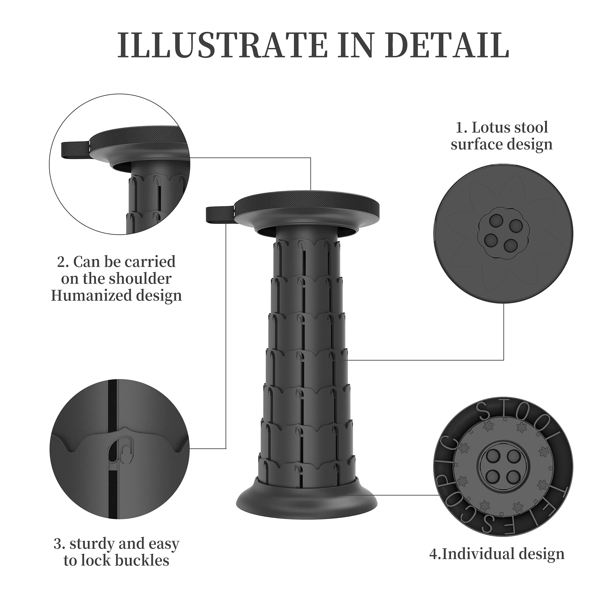 20.4“Telescoping Stool with Cushion,Portable Camping Stool More Sturdy Capacity 550Ib,Collapsible Retractable Stool Adjustable Folding Stool for Garden Fishing Hiking BBQ with Carry Bag,Carabiner