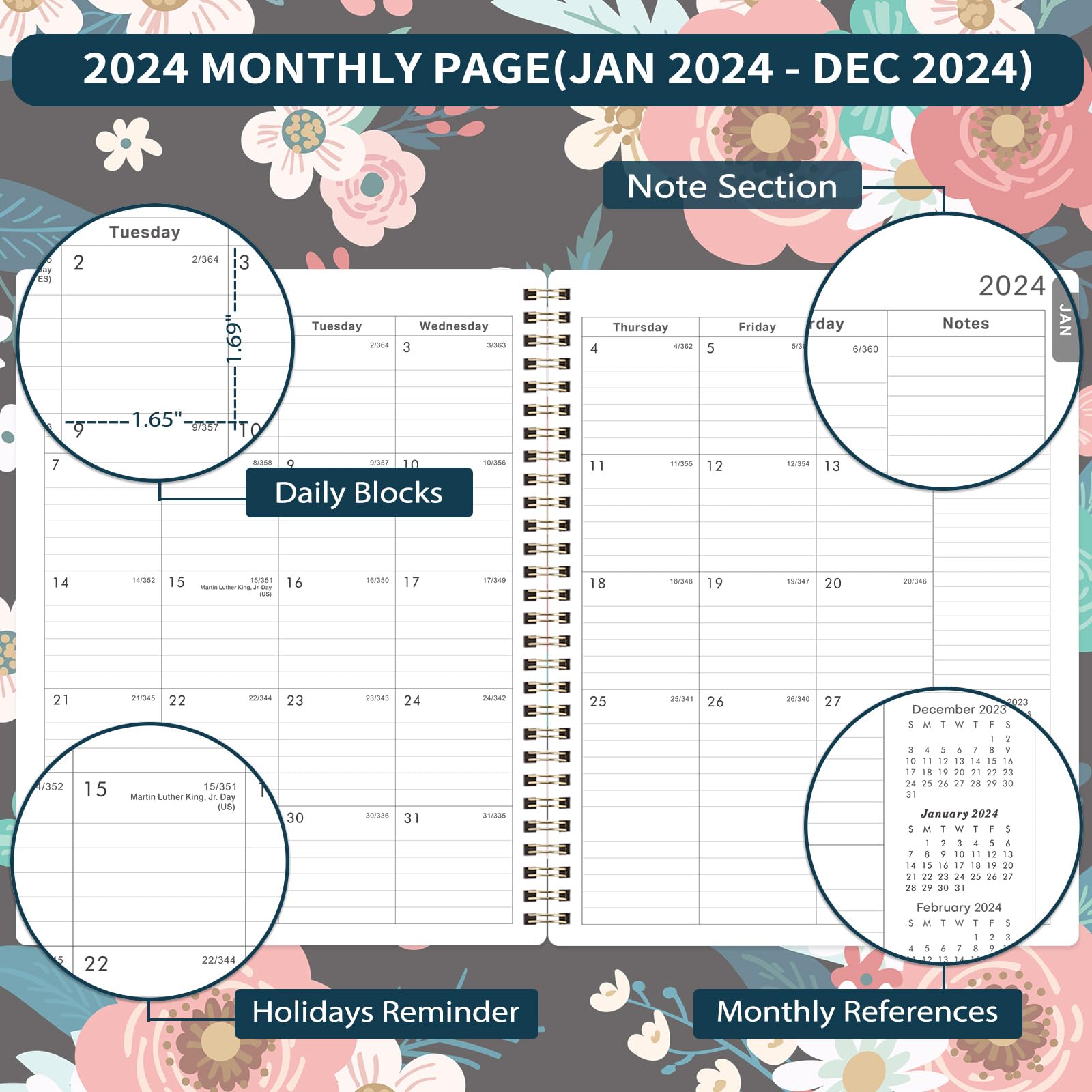 2024 Planner - 2024 Weekly & Monthly Planner from Jan. 2024 - Dec. 2024, 8" x 10", Planner 2024 Weekly and Monthly with Strong Twin-Wire Binding, Round Corner Design, Perfect Daily Organizer