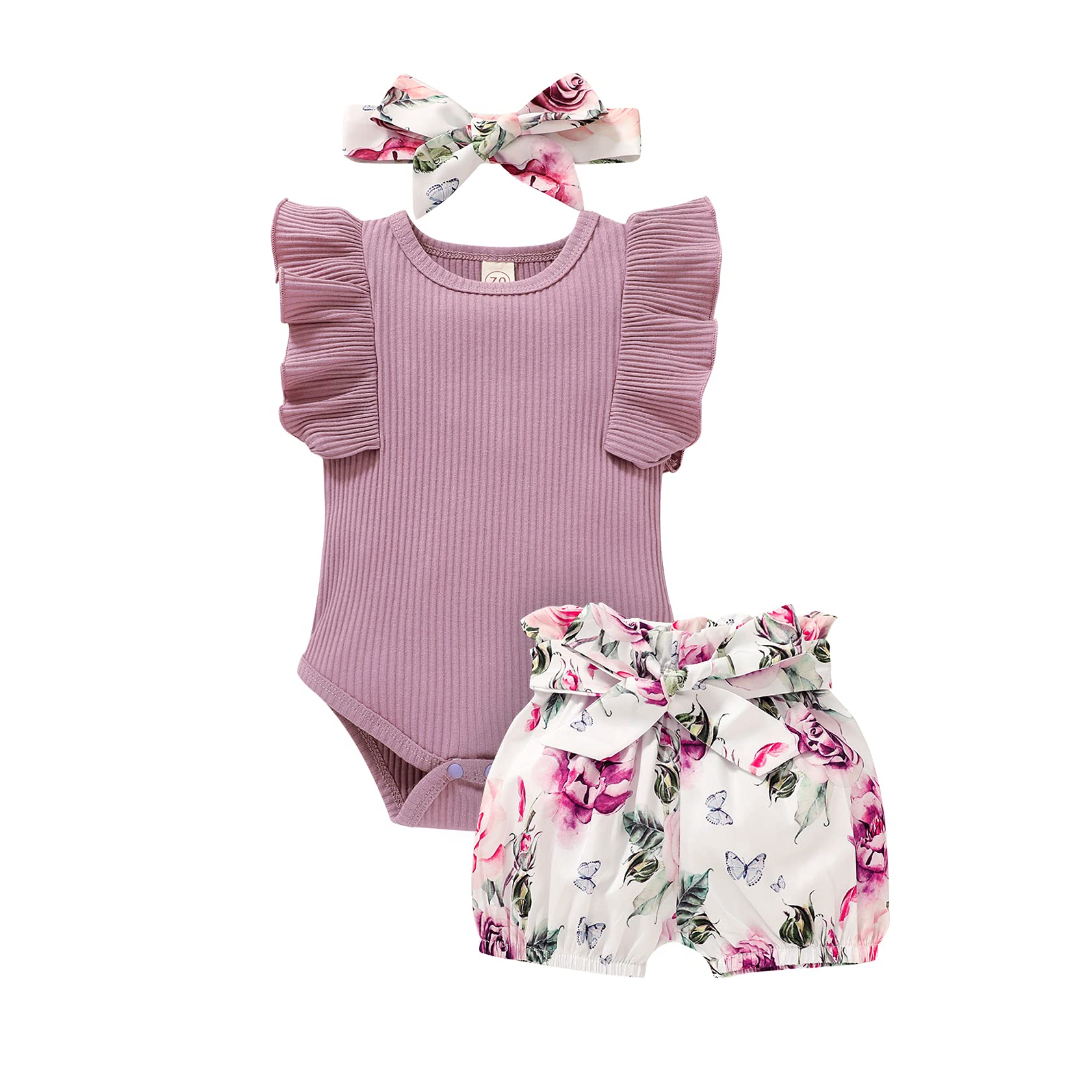 Tiny Cutey Baby Girl Clothes Infant Summer Outfits Set Ruffle Sleeve Romper and Floral Shorts with Headband (Sleeveless Purple, 90, 12_months)