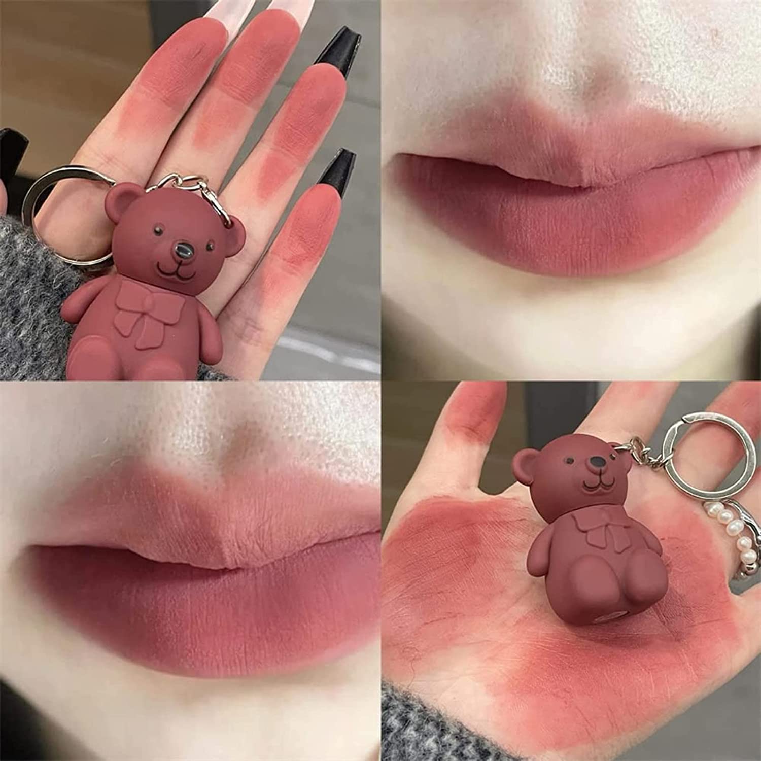2Pcs Keychain Bear Lipstick, 2 in 1 Keychain Bear Lipstick, Spray Matte Velvet Lip Gloss, Waterproof Long Lasting Bear Lip Gloss with Keychain, Cute Bear Beauty Cosmetics