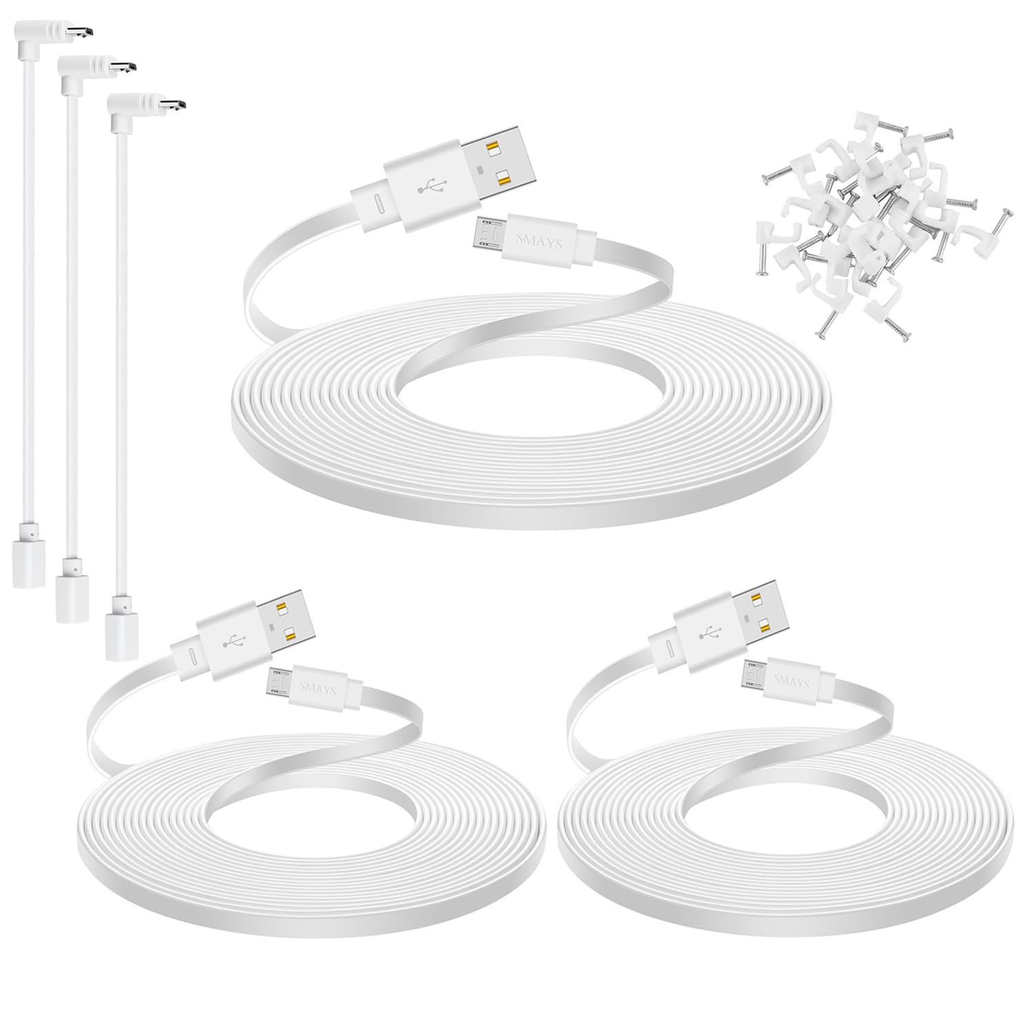 Smays 3-Pack 25 ft Micro USB Extension Cable Compatible with Wyze Cam v4, Wyze Cam Pan v3, Yi Cam, Nest Cam, Blink Mini Security Camera, Long Flat Power Cord, White