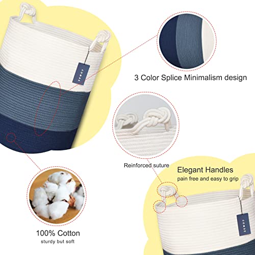COMSE Extra Large Blanket Basket, High Storage Basket, Tall Rope Laundry Basket, 15.7βx 21.7β, Cotton Rope Basket, XXXL Laundry Basket, Toy Basket, Clothes Baskets,White/Cadet Blue/Navy Blue