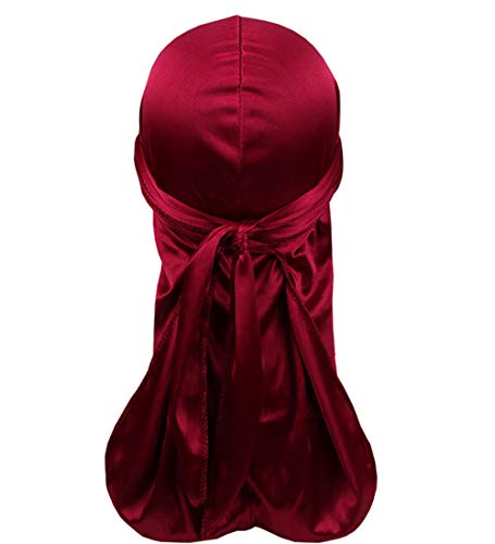 Durags and Bonnets 2pcs Set Suitable Men and Women Long Tail Silky Doo rag (Burgundy)