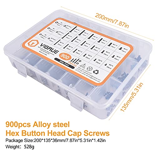 VIGRUE 900PCS M2 M3 M4 Hex Button Head Socket Cap Screws Bolts Nuts Washers Assortment Kit Alloy Steel with Allen Wrench