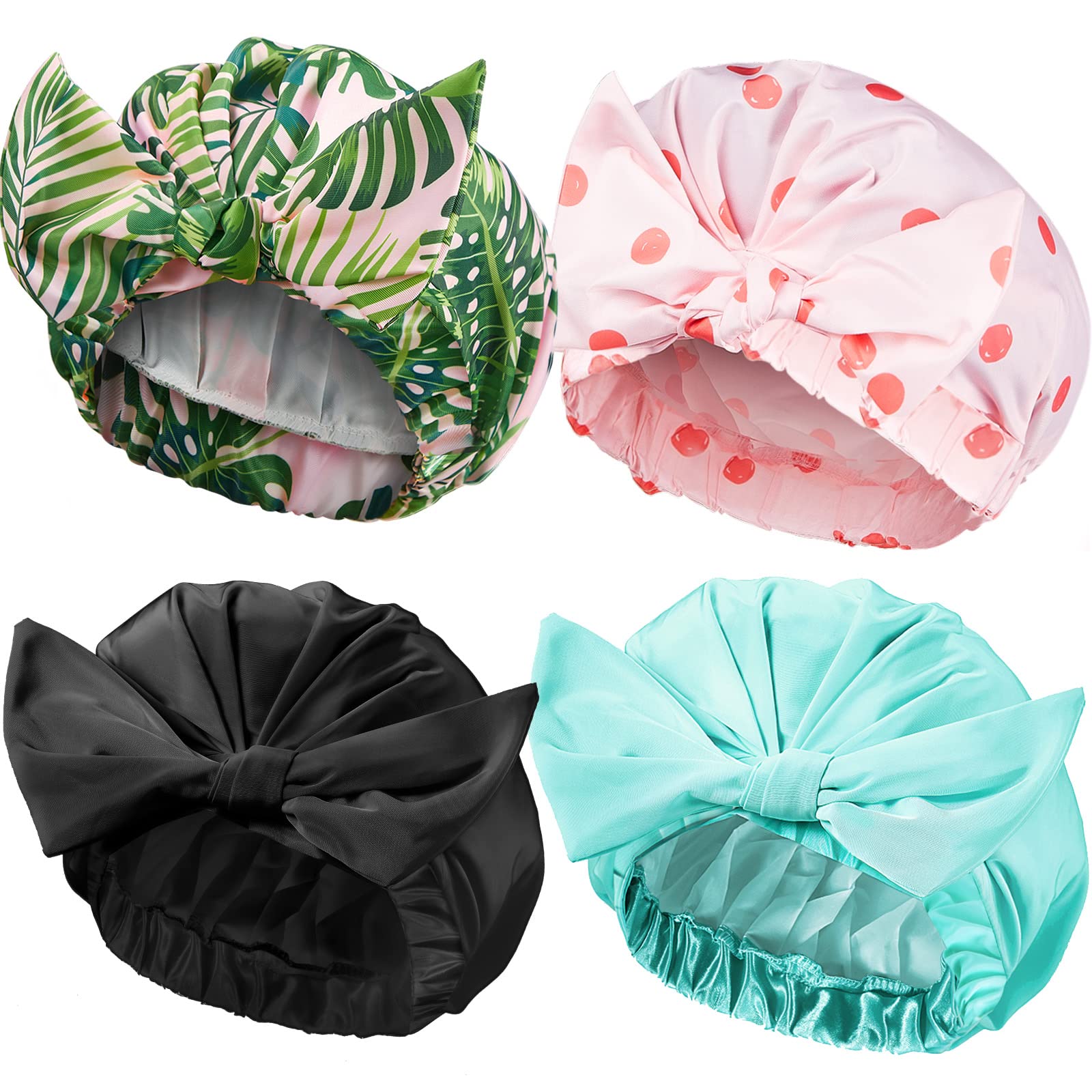 4 Pieces Shower Caps for Women, Waterproof Reusable Shower Hair Caps Elastic Hem Turban Shower Bath Caps Bowknot Satin Bath Hair Caps for Long Short Curly Hair(Dot, Black, Teal, Palm Leaves)