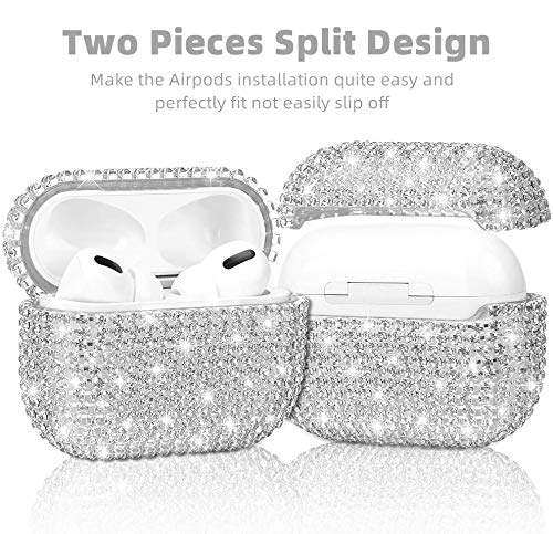 Luxurious Shining Rhinestone Diamante Apple AirPods Pro Case, Bling Sparkle Protective Cover Carrying Mickey Ball Keychain for Airpods Pro,Shockproof Anti-Scratch Anti-dust (Silver)