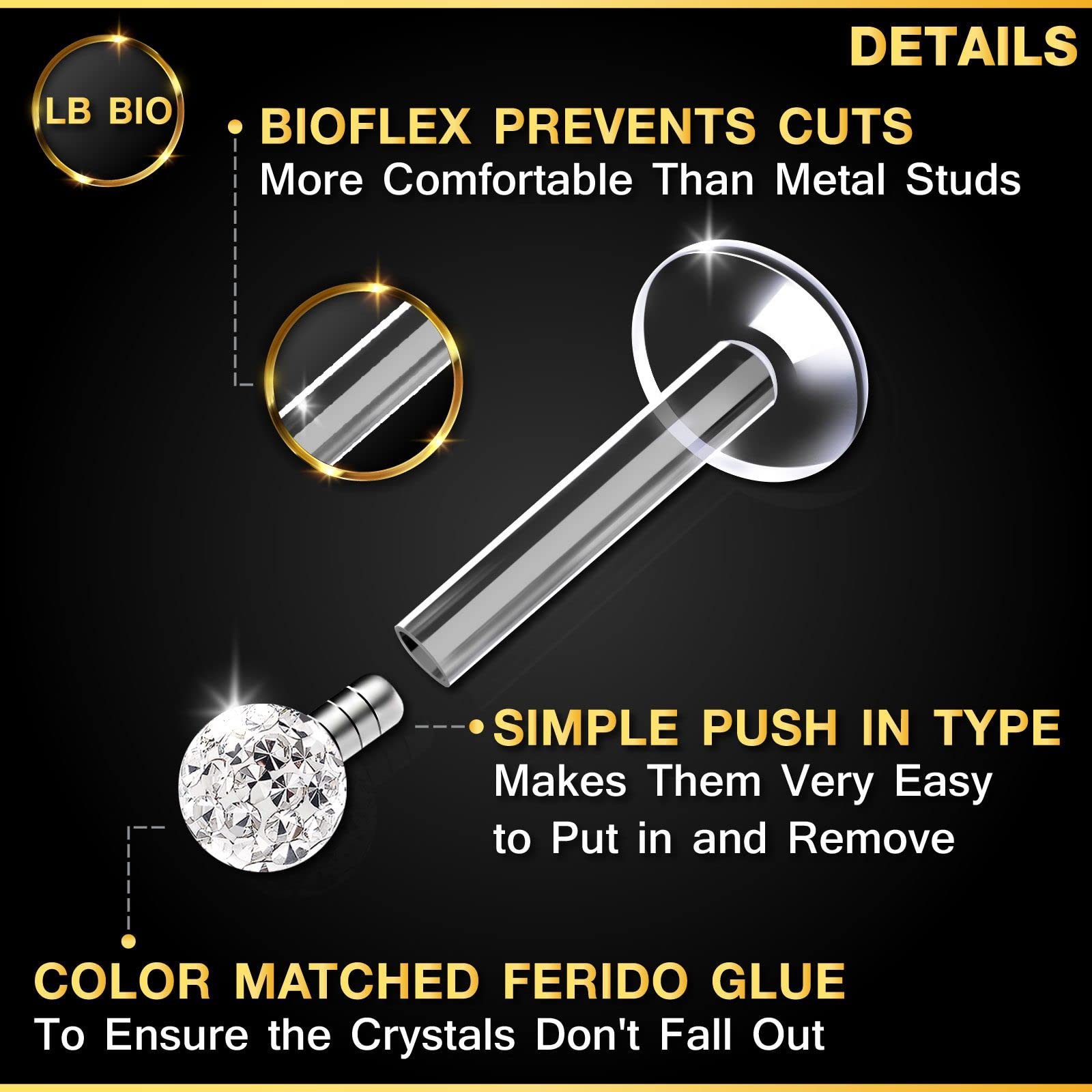 2PCS Bioflex Push In Clear Lip Ring Studs 16 Gauge 5/16 8mm Crystal Ball Cartilage Lobe Earrings Monroe Piercing Jewelry 2875