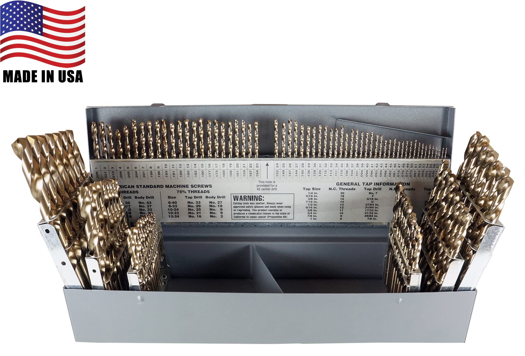 Chicago-Latrobe 550 115 Piece Heavy-Duty Cobalt Steel Jobber Length Drill Bit Set, Gold Oxide Finish, Round Shank, Spiral Flute, 135 Degree Point Angle