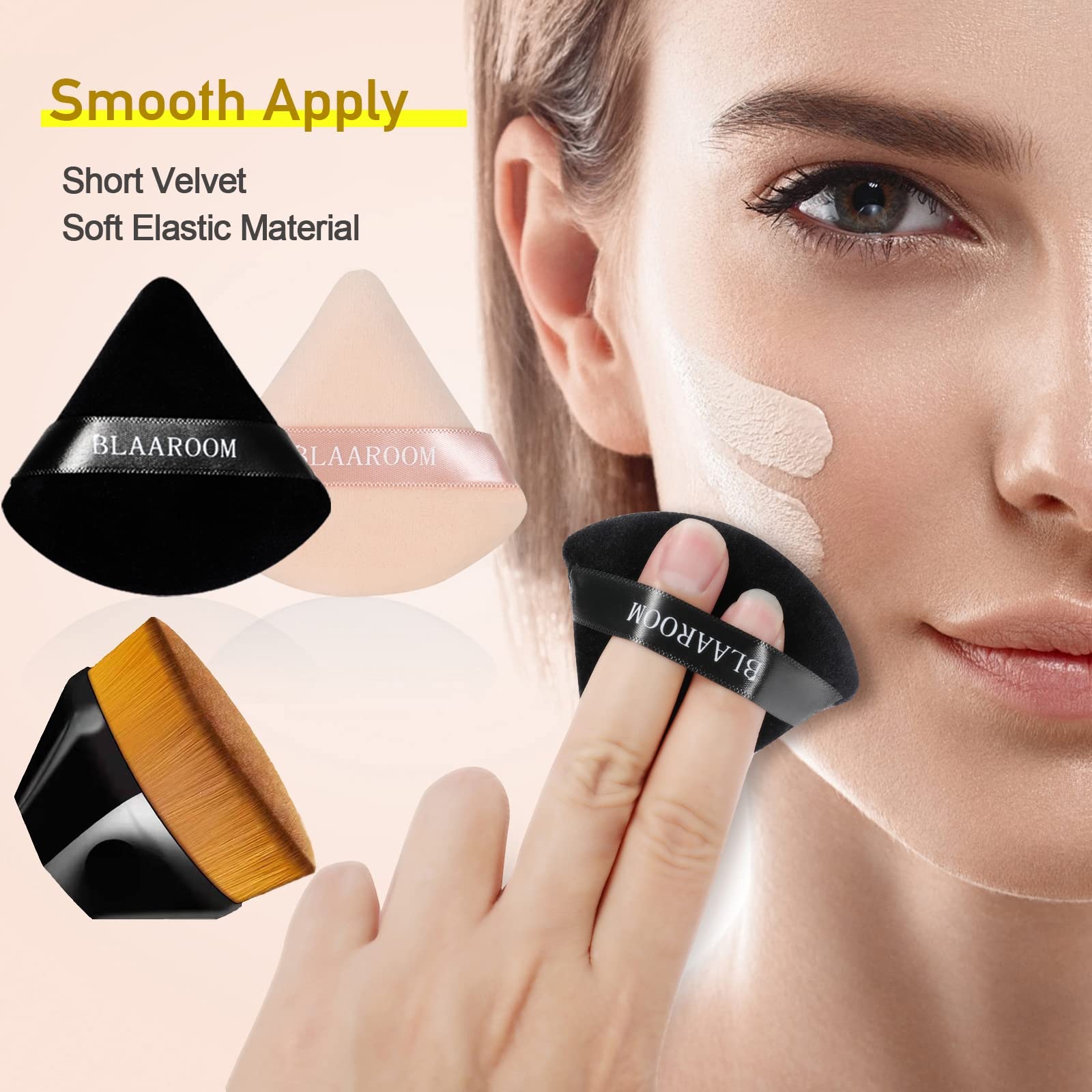 4+1 Pcs Velour Triangle Powder Puff and Flat Top Hexagon Kabuki Foundation Brush for Face Makeup Eyes Contouring Bod for Mixed Liquid Cream Flawless Loose Powder Cosmetic Foundation Makeup Tool Set