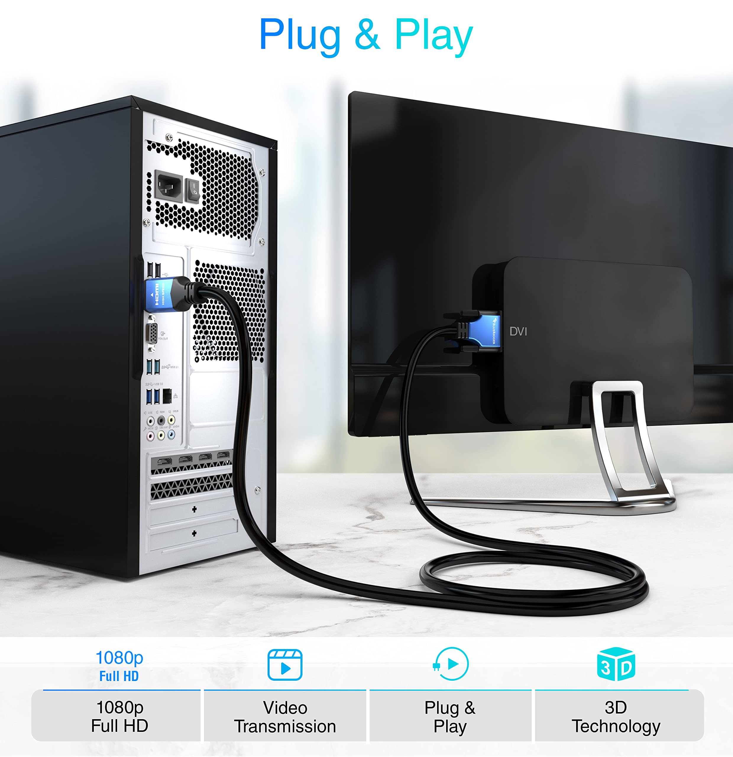 BlueRigger HDMI to DVI Cable (6FT, High-Speed, Bi-Directional Adapter Male to Male, DVI-D 24+1, 1080p, Aluminum Shell) - Compatible with Raspberry Pi, Roku, Xbox One, PS5/PS4/PS3, Graphics Card