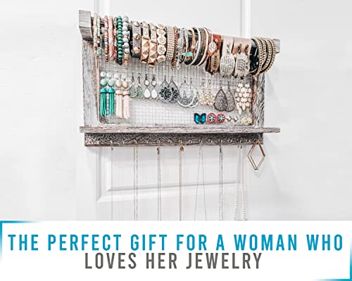 Comfify Rustic Jewelry Organizer β Wall Mounted Jewelry Holder w/Removable Bracelet Rod, Shelf & 16 Hooks β Perfect Earrings, Necklaces & Bracelets Holder β Rustic White
