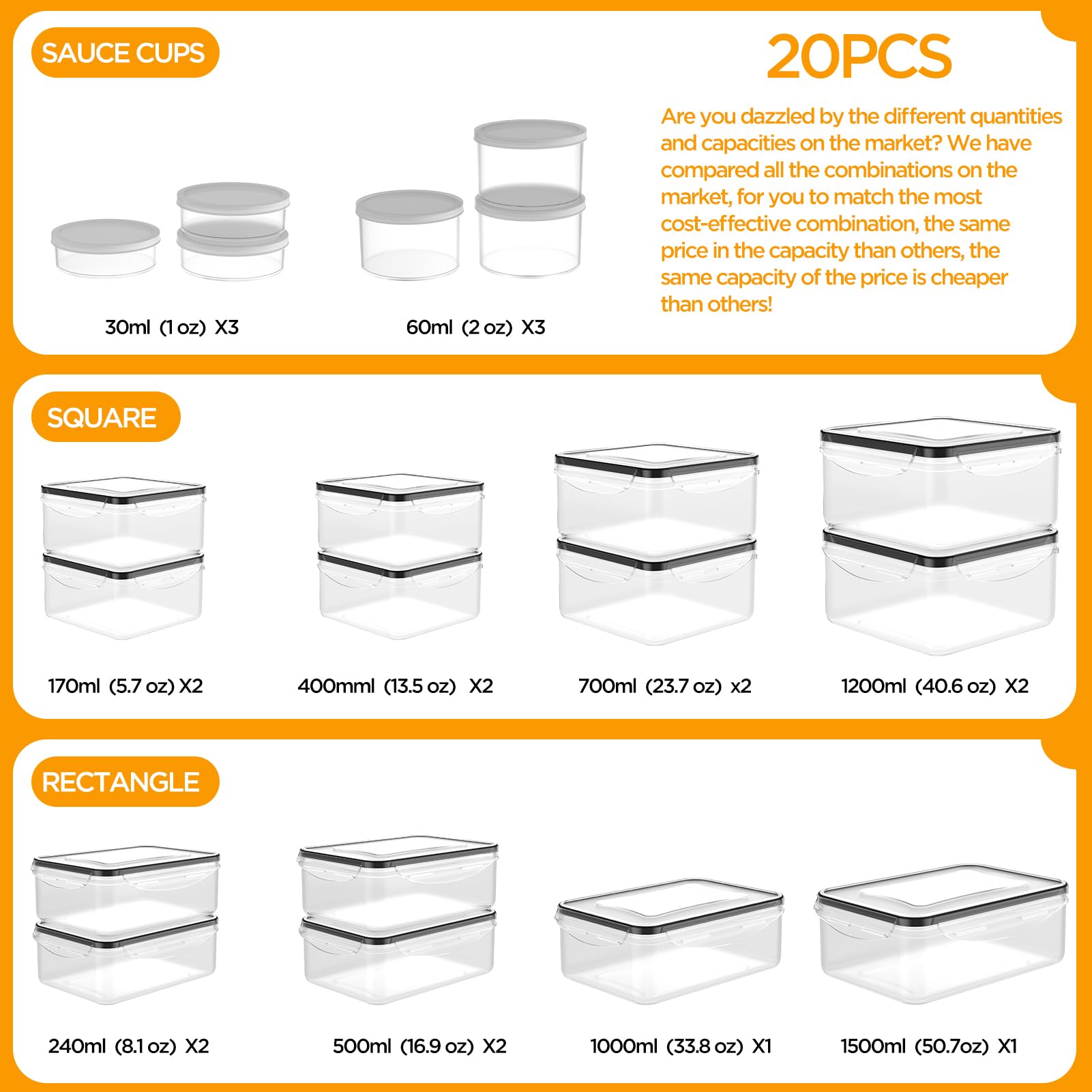 20 PACK Food Storage Containers with Lids Airtight, Larger Leakproof Plastic Meal Prep Containers Stackable Reusable for Kitchen Organization storage with Labels & Pen, BPA-Free, Microwave Safe