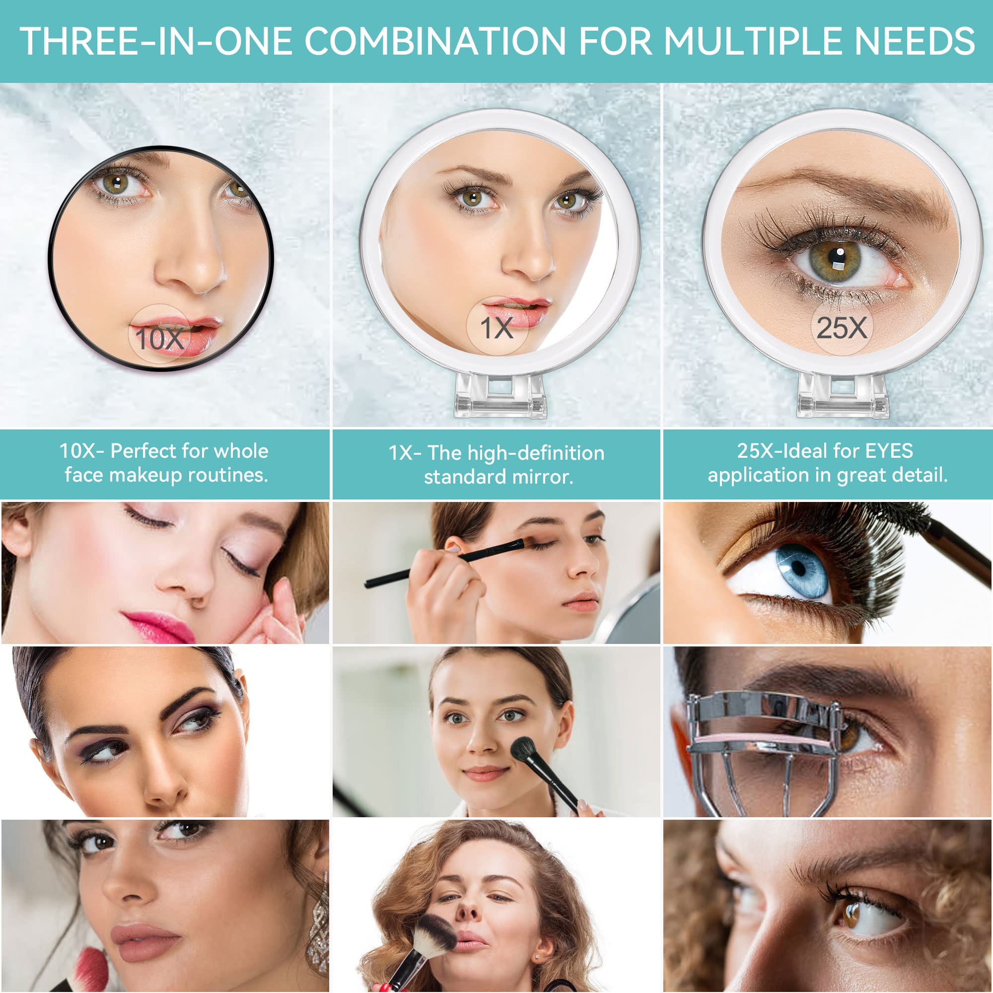 25X Magnifying Mirror Set, 25X/1X Double-Sided Hand Held Magnified Mirror & 10X Magnifying Mirror Suction Cup,Perfect for Precise Makeup Applications & Blackhead/Blemish Removal Handle B