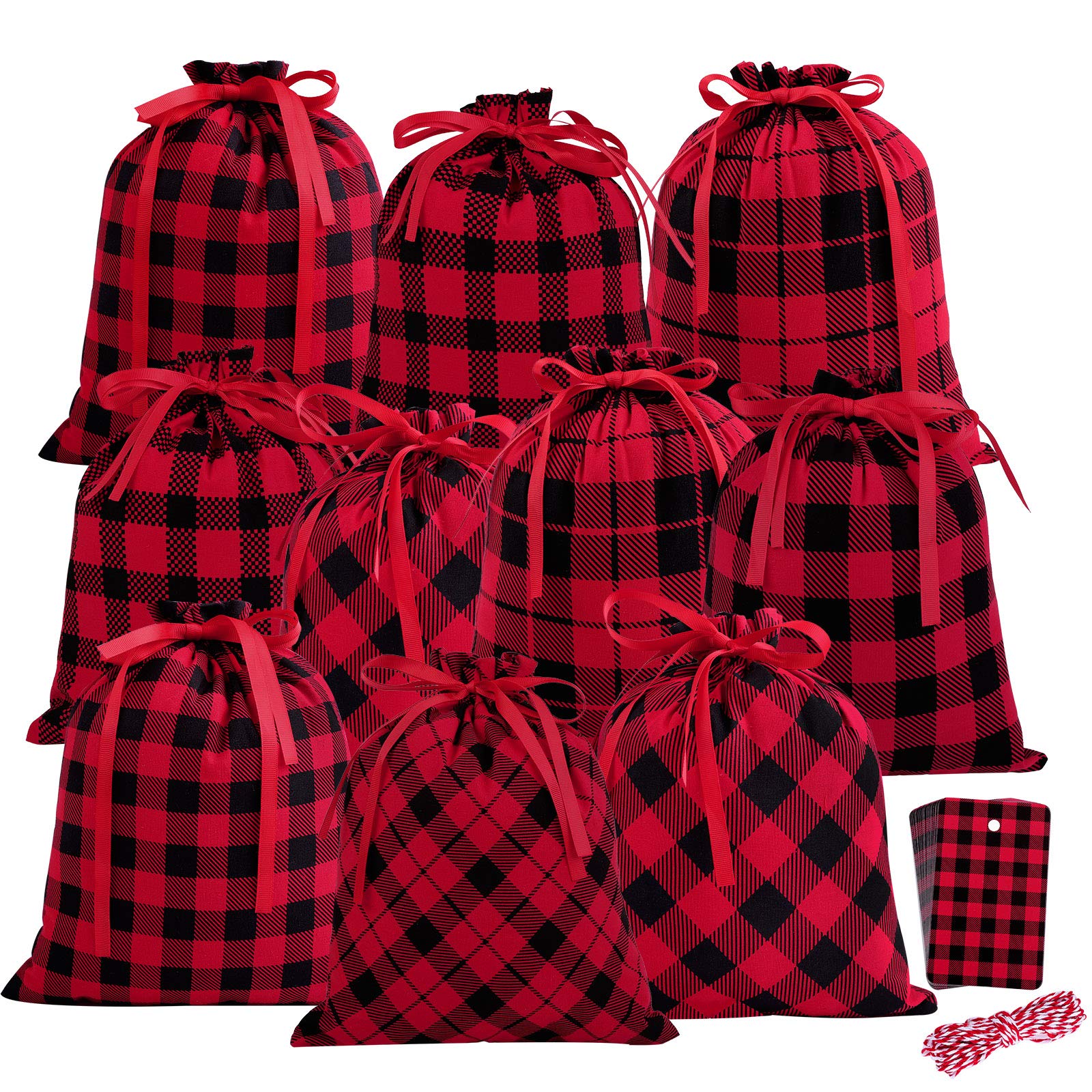 Aneco 10 Pieces Small Buffalo Plaid Bags 11.8 x 9.8 Inches Drawstring Bag Sack Present Xmas Cotton Christmas Bags Party Stocking Storage with 20 Pieces Tags