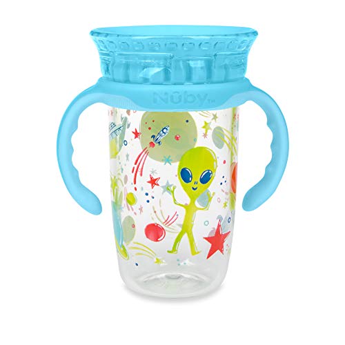 Nuby 360 Edge 2 Stage Drinking Rim Cup with Removable Handles & hygienic Cover: 10 Oz/ 300 Ml 12M+ Space Aqua