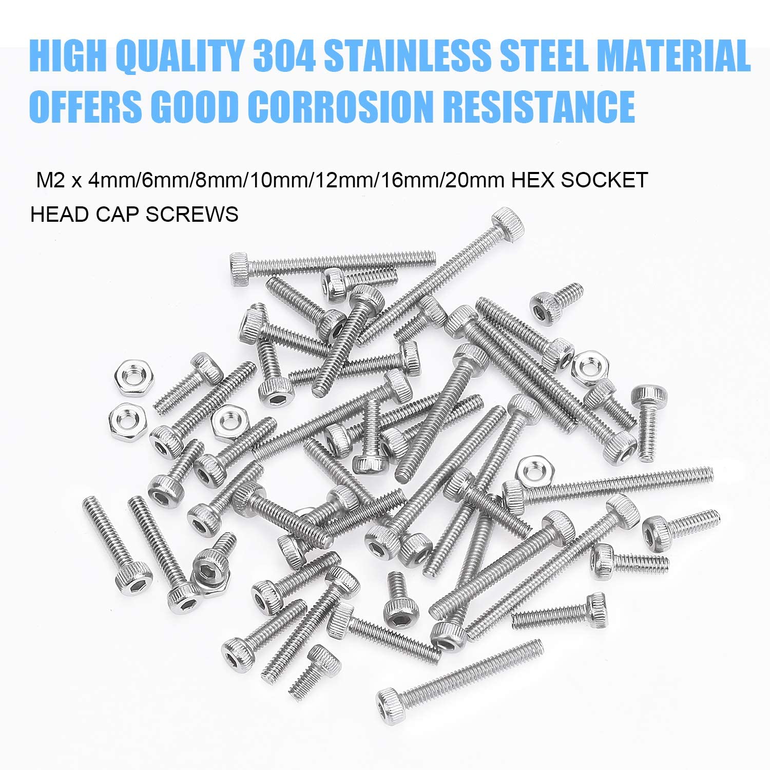 DYWISHKEY 310 Pieces M2 x 4mm/6mm/8mm/10mm/12mm/16mm/20mm, Stainless Steel 304 Hex Socket Head Cap Bolts Screws Nuts Kit with Hex Wrench