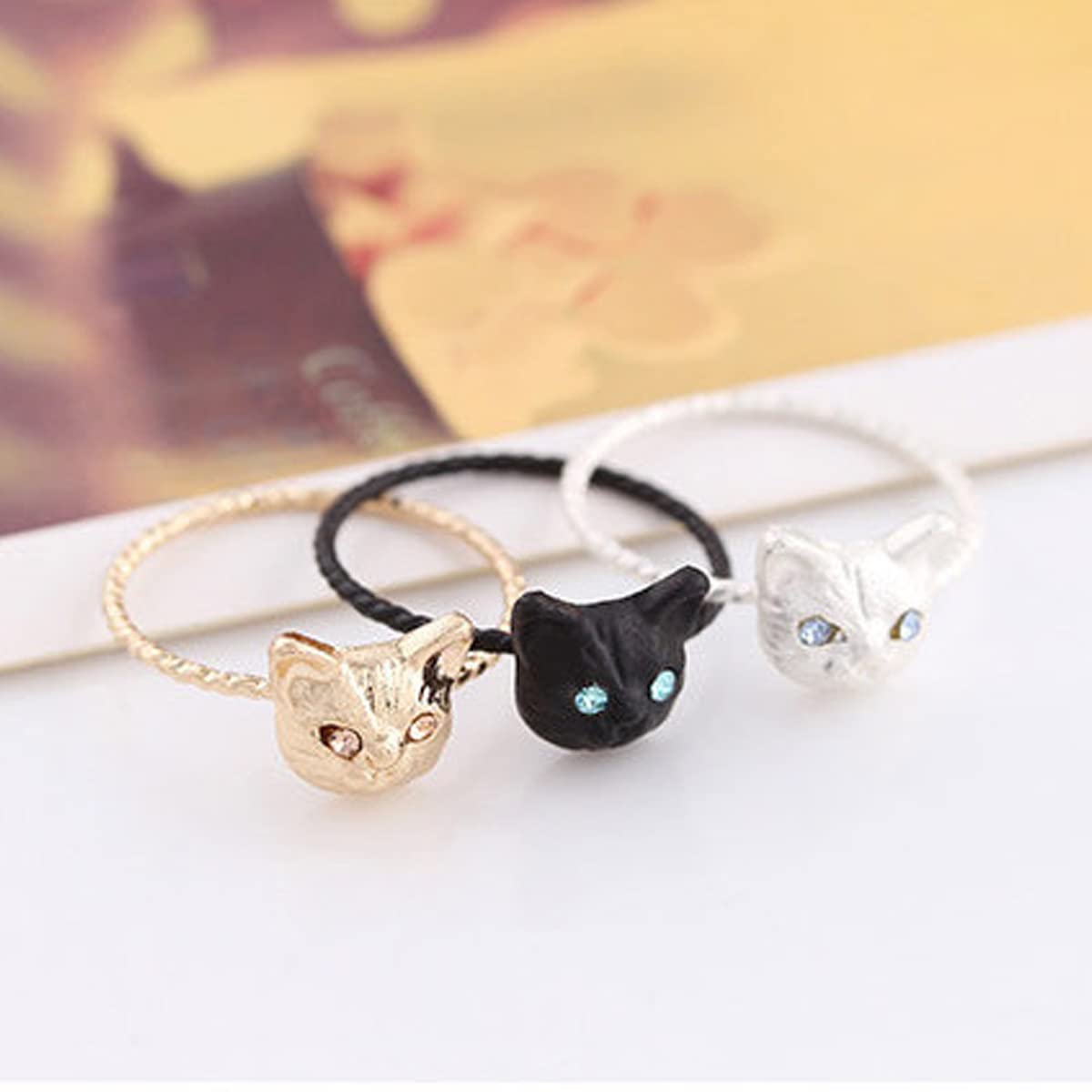 3Pcs Cute Cat rings Black Gold Silver Lovely Kitty Animal Finger Statement rings Cats Lover Gifts (3Pcs Cat Rings, 6.5)