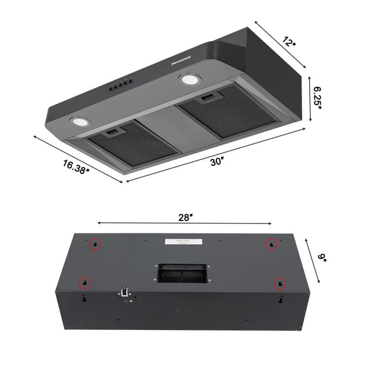 30 Inch Under Cabinet Range Hood, thermomate 230CFM Slim Vent Hood with 3 Speed Exhaust Fan, Insert Ducted Range Hood with 2 LED Lights, Black