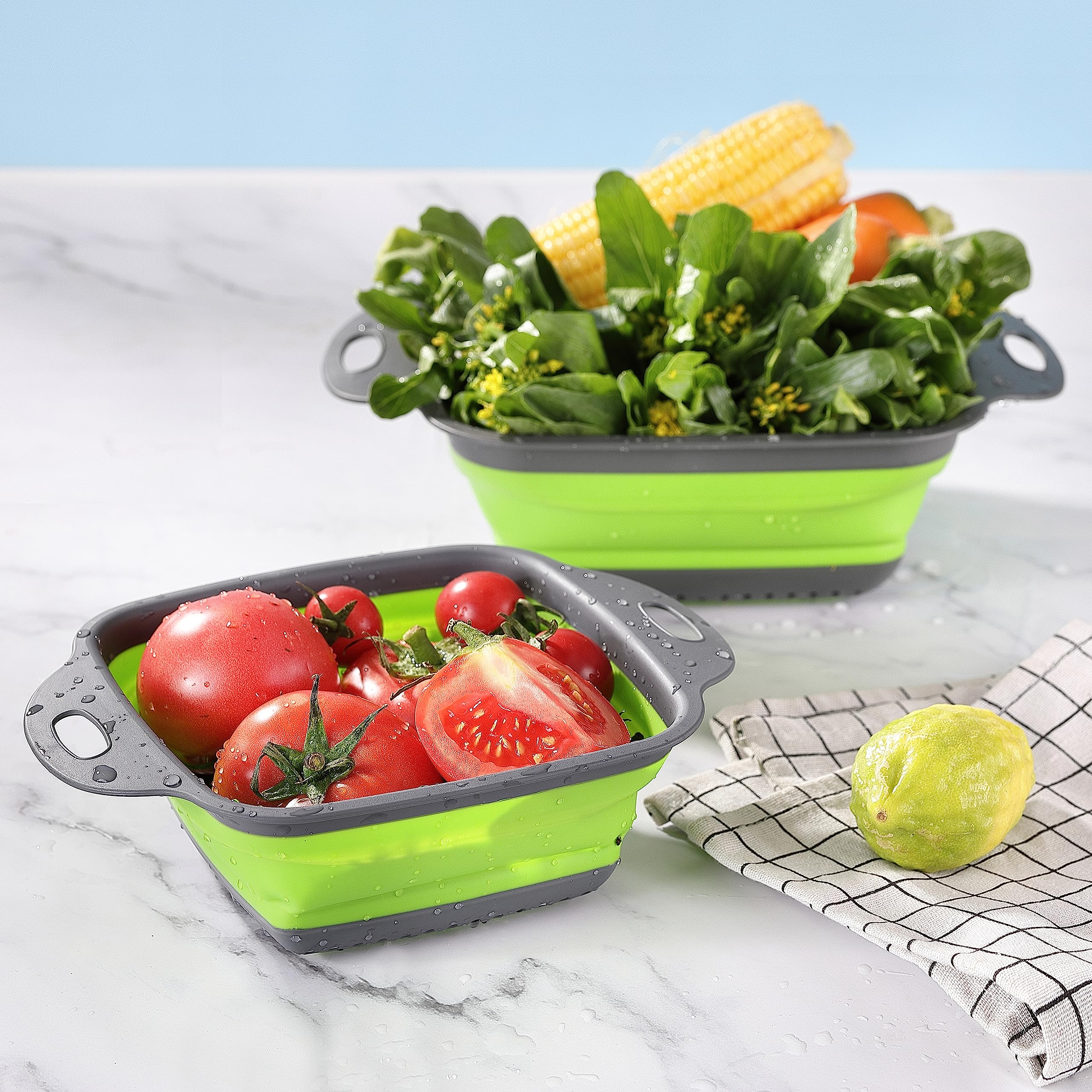 2PCS Collapsible Strainer, JJOO Silicone Collapsible Colander, 11.5 inch Square Silicone Colander and 9.5inch Square Silicone Colander, Vegetable and Fruit Colander, Kitchen Food Strainers (Green)