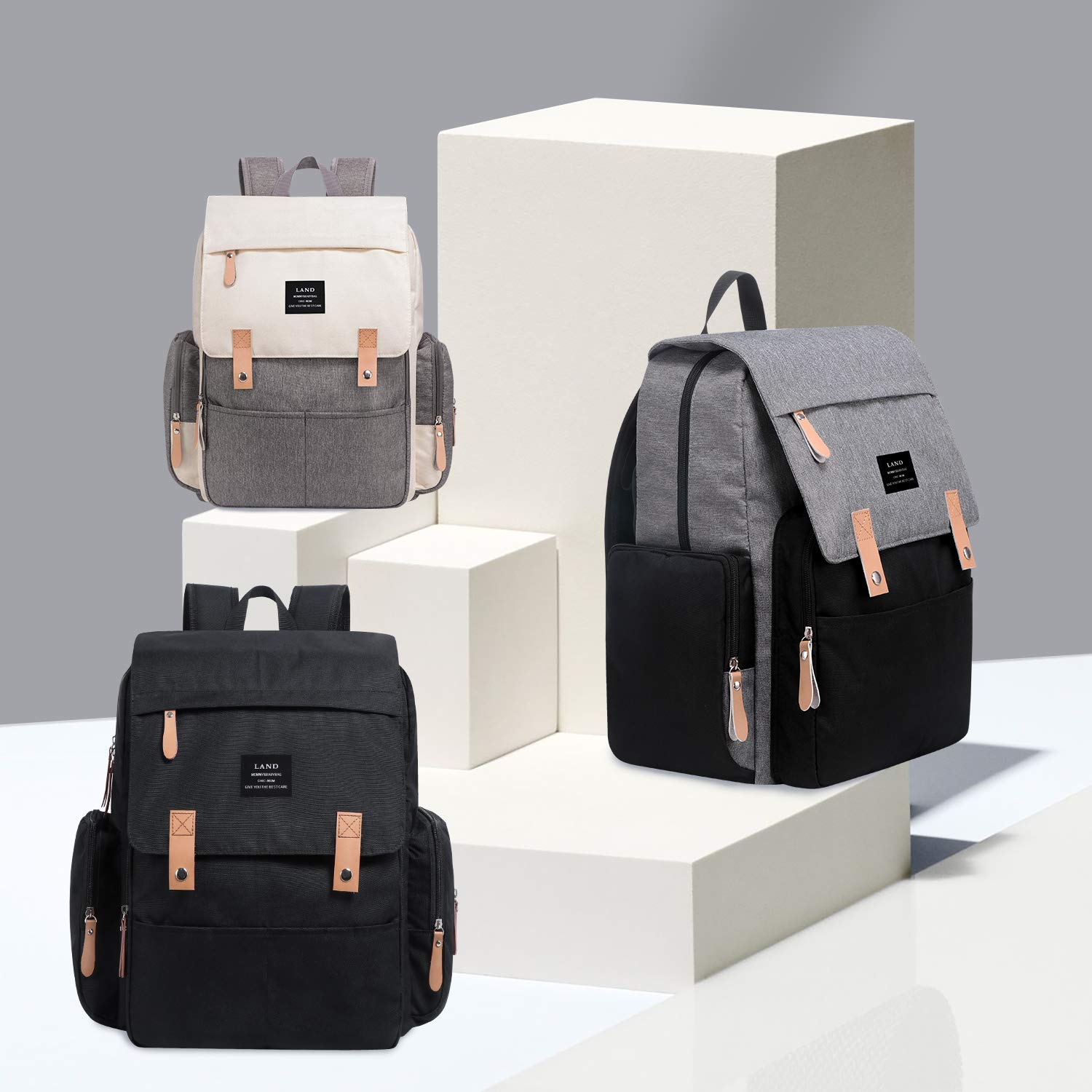 Diaper Bag Backpack Large Capacity for Baby Care Wide Open Design and Waterproof Fabric For Mom Dad (New White Grey)