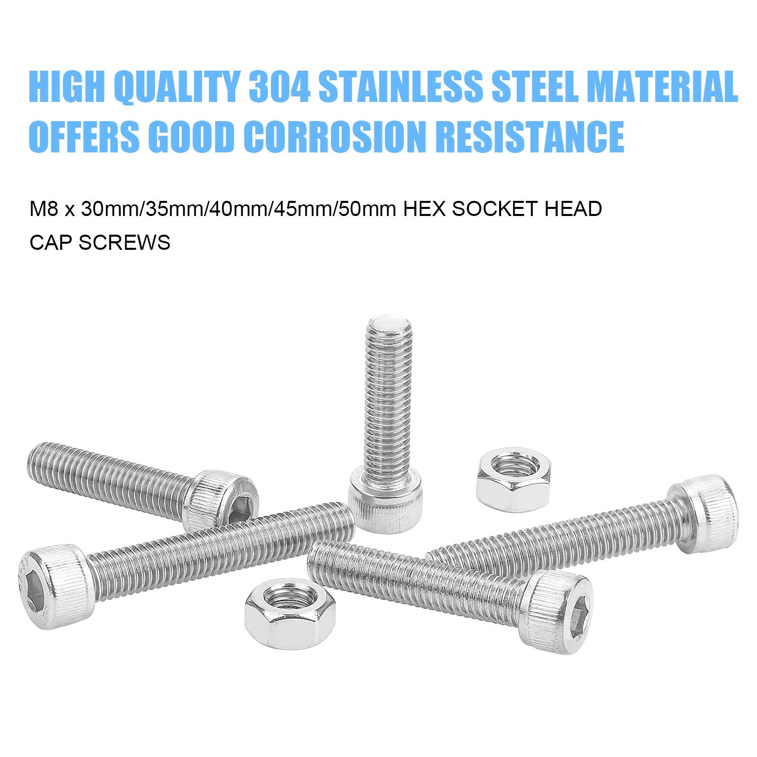 DYWISHKEY 50 Pieces M8 x 30mm/35mm/40mm/45mm/50mm Stainless Steel 304 Hex Socket Head Cap Bolts and Nuts Kit