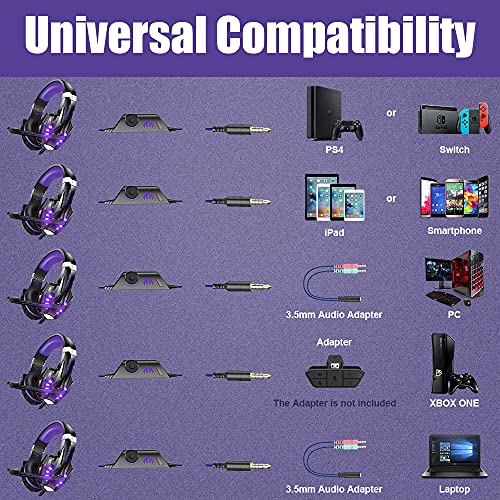 BENGOO G9000 Stereo Gaming Headset for PS4, PC, Xbox One Controller, Noise Cancelling Over Ear Headphones with Mic, LED Light, Bass Surround, Soft Memory Earmuffs (Purple)