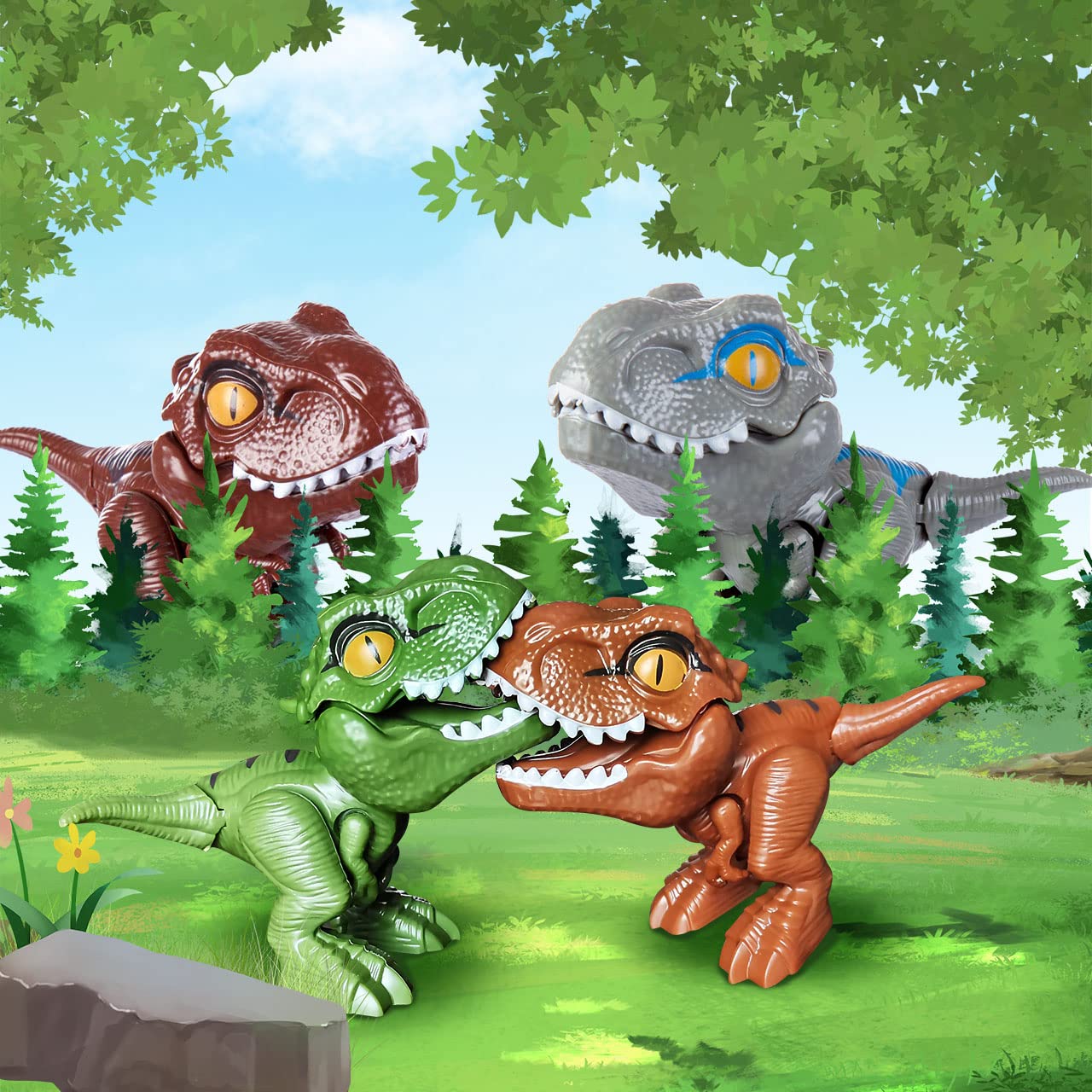 Berry President Dinosaur Toys for Kids 3-5, Dinosaurs Biting Fingers Puppets,Dinosaur Action Figures with Movable Mouths, Jurassic Dinosaur Toys (4 Dinosaurs)
