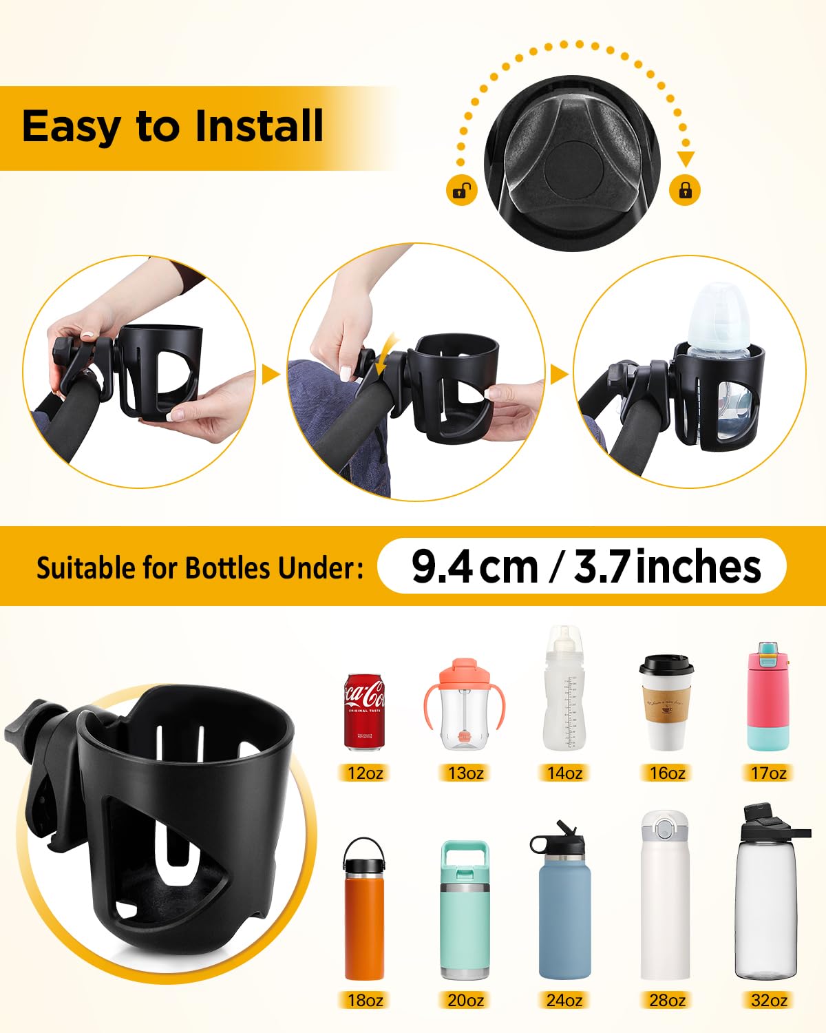 Stroller Cup Holder, Universal Drink Holder for Bikes, Trolleys or Walkers, Fits Most Cups