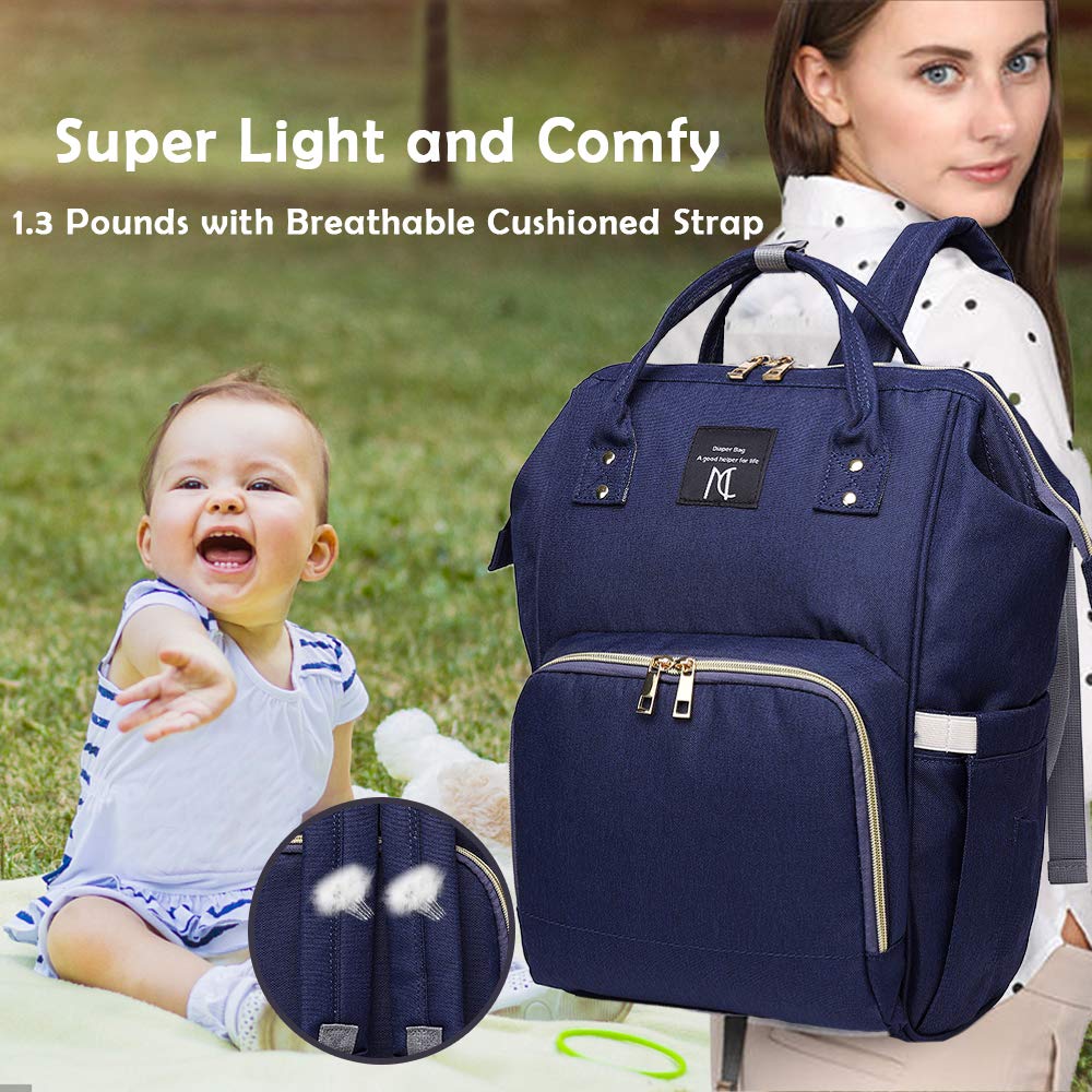 Diaper Bag Backpack Water-resistant, Nanrui 25L Roomy Nappy Bag for Baby Boy and Girl Men Backpack Travel Back Pack with 2 Stroller Straps- Navy Blue